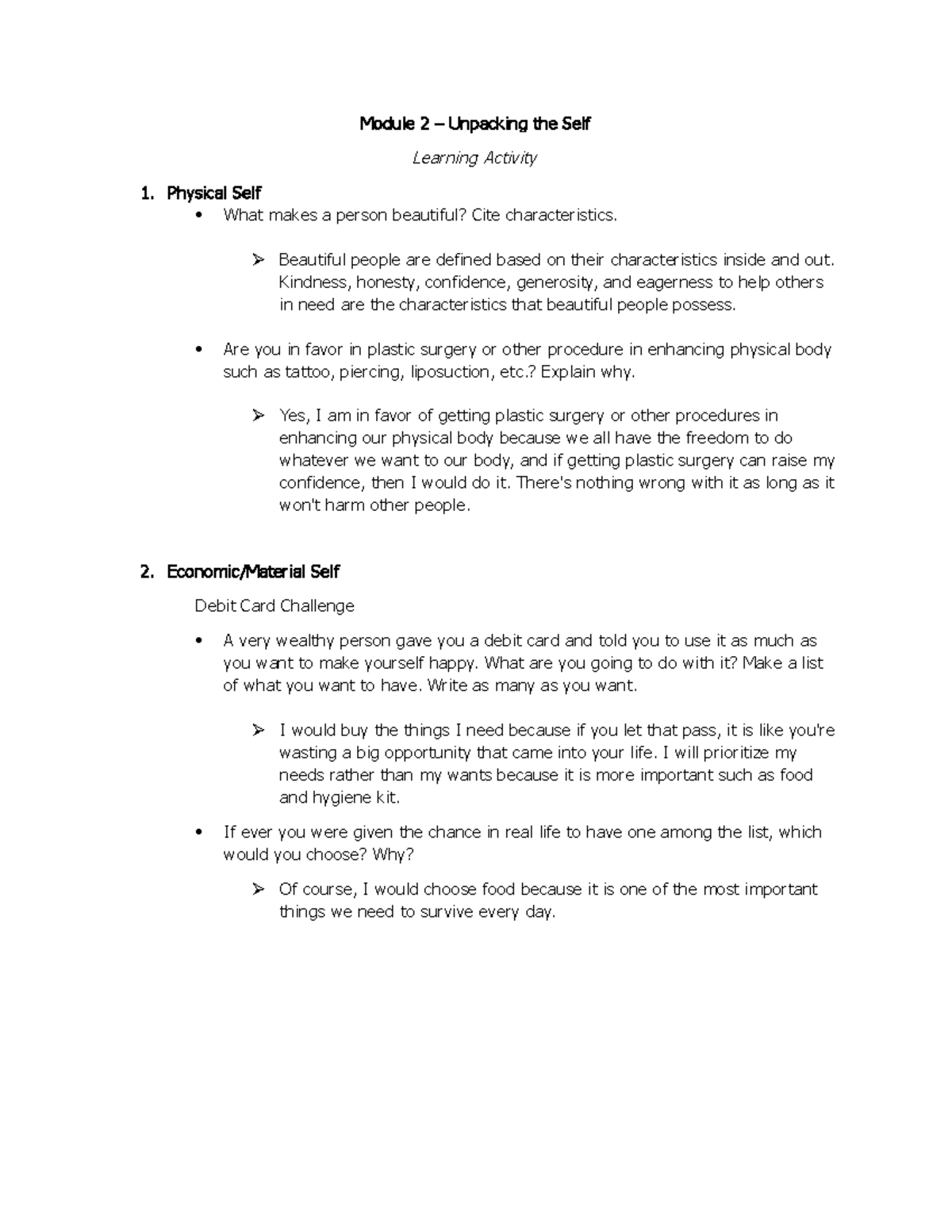 Unpacking The Self - Module 2 – Unpacking the Self Learning Activity ...