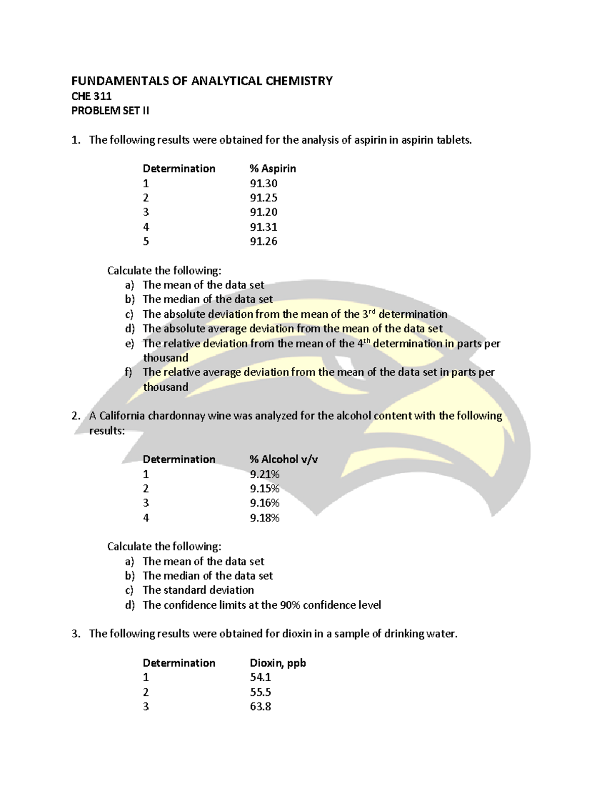 CHE 311 - Problem Set 2 - FUNDAMENTALS OF ANALYTICAL CHEMISTRY CHE 311 ...