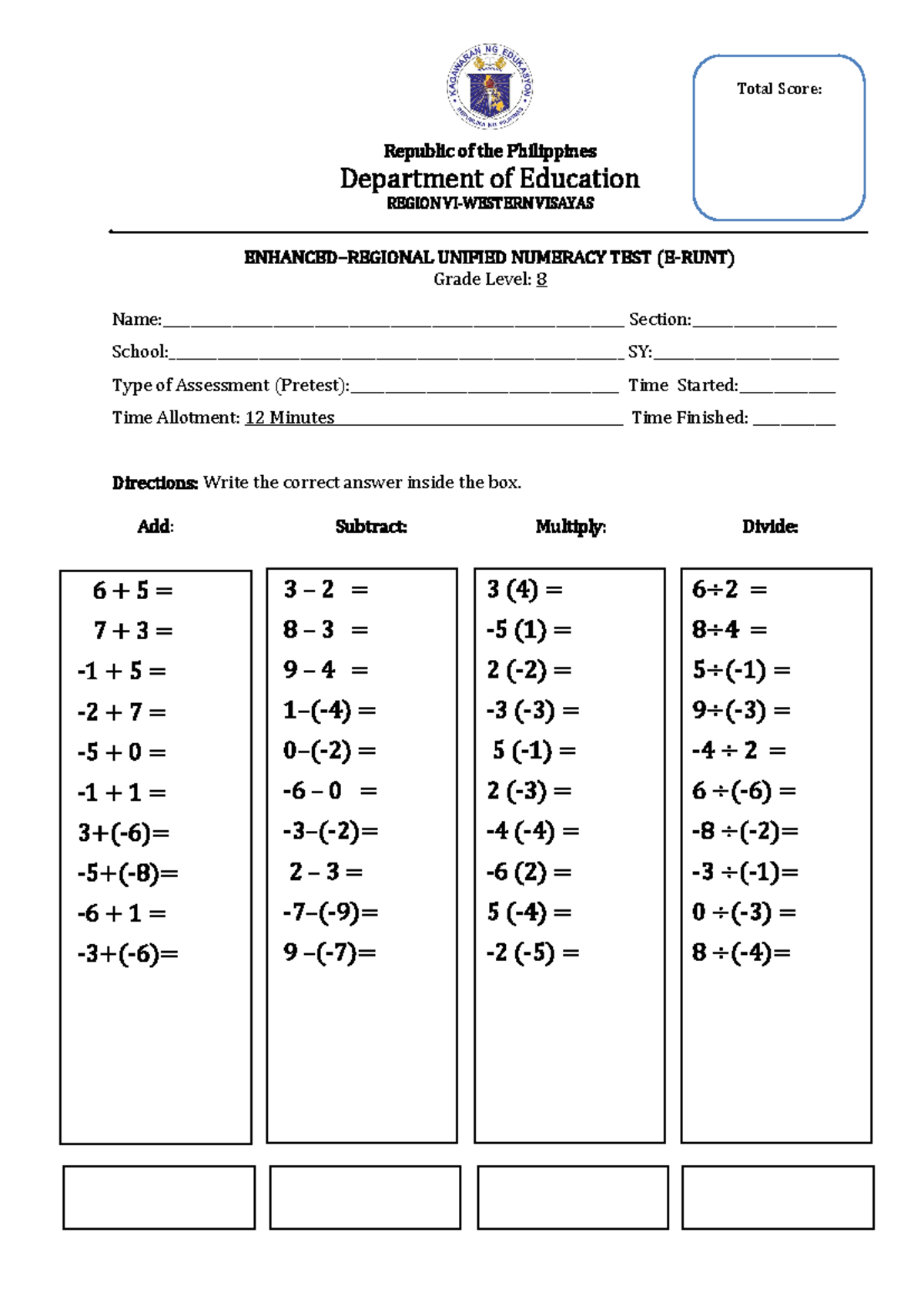 Erunt Pretest Grade 8 - etyfehj - Republic of the Philippines ...