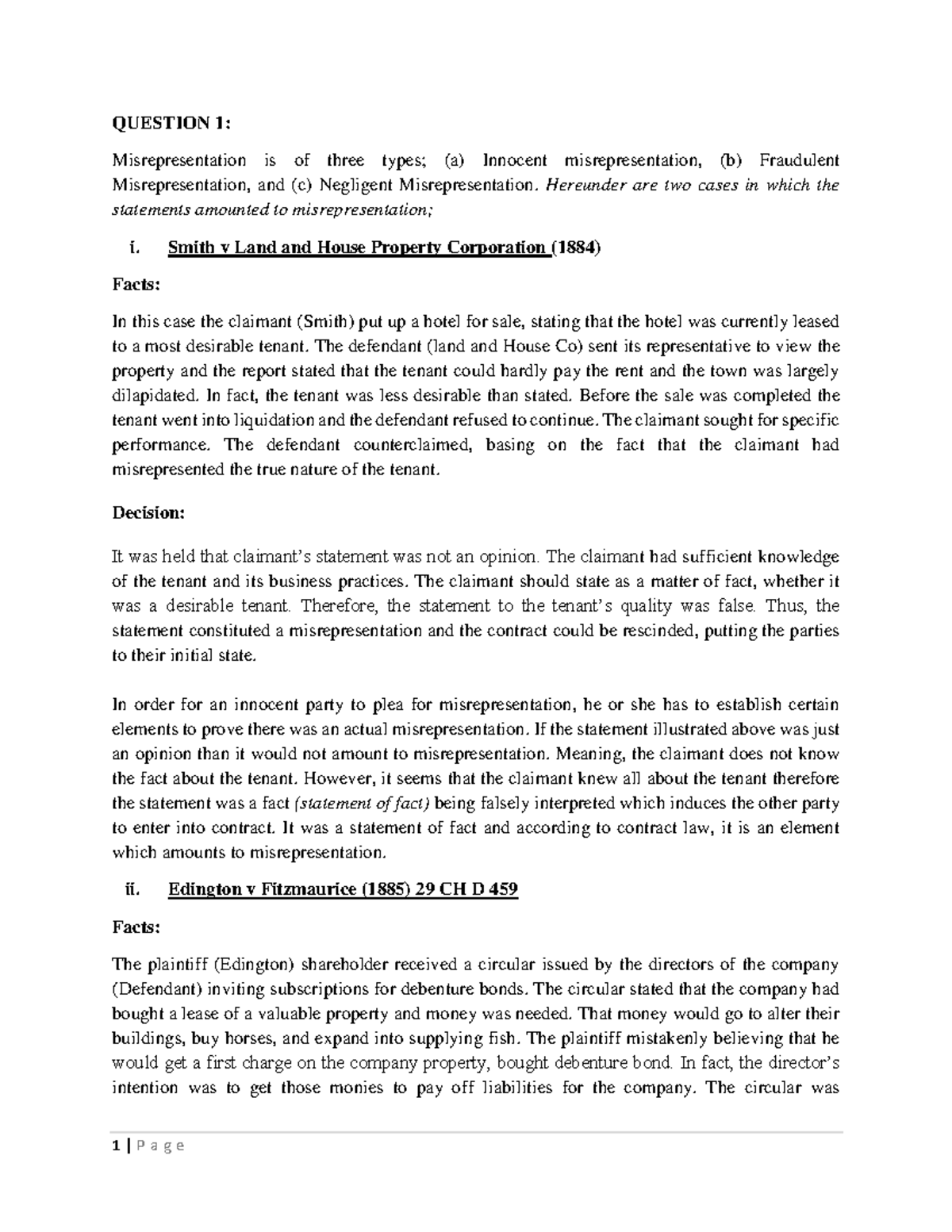 CONT 2 THT - Vitiating Factor - Misrepresentation - QUESTION 1 ...