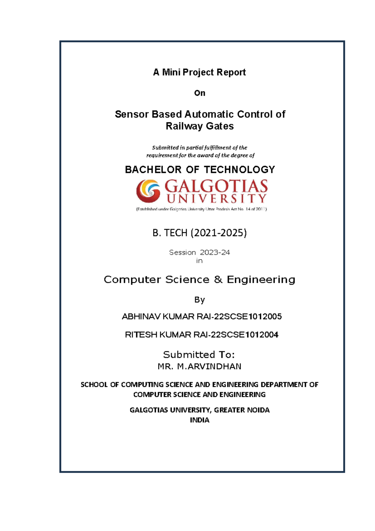 IOT Project Report 1 - A Mini Project Report On Sensor Based Automatic ...