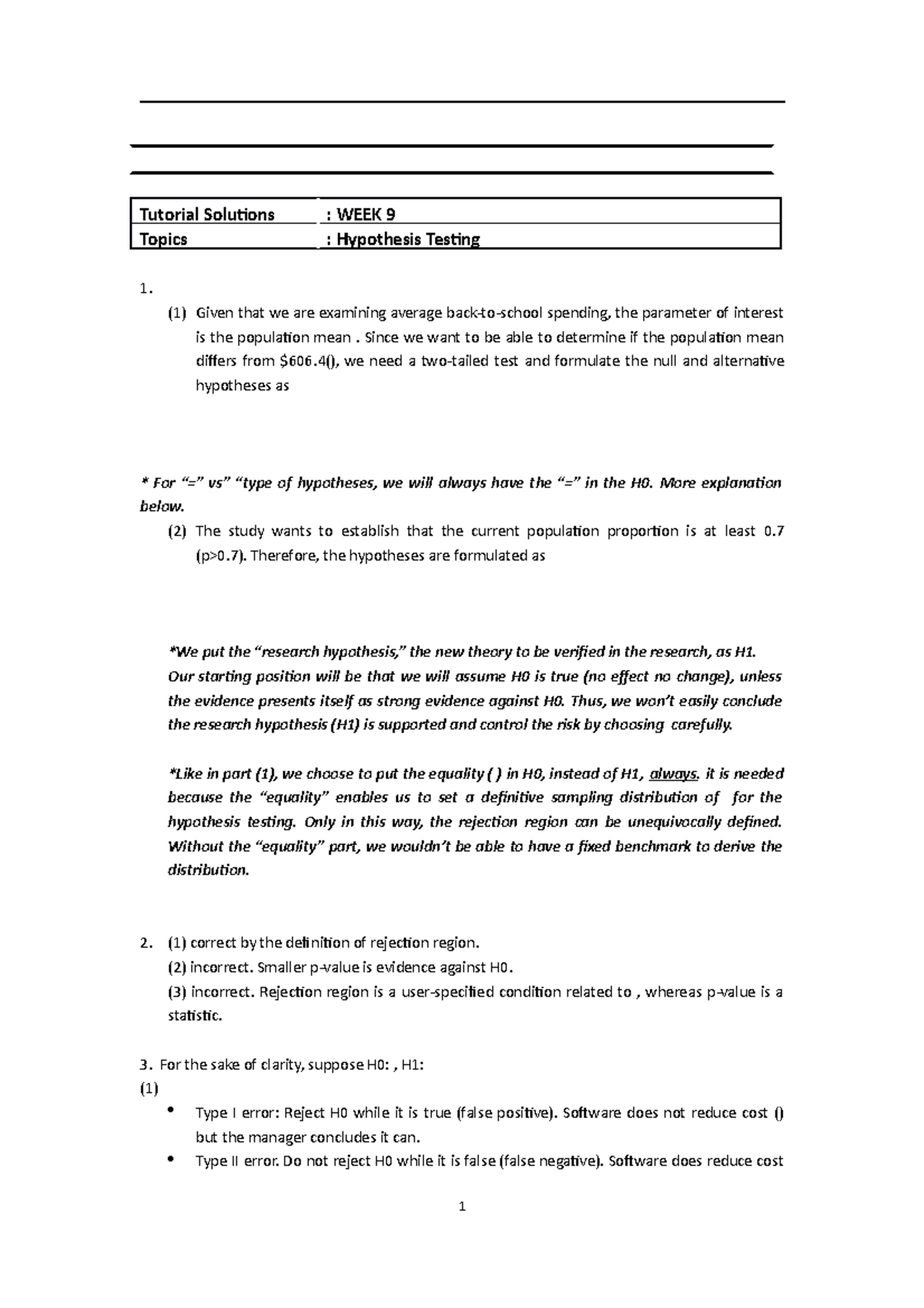 Solutions Week 9 Answers Tutorial Solutions Week 9 Topics Hypothesis Testing 1 1