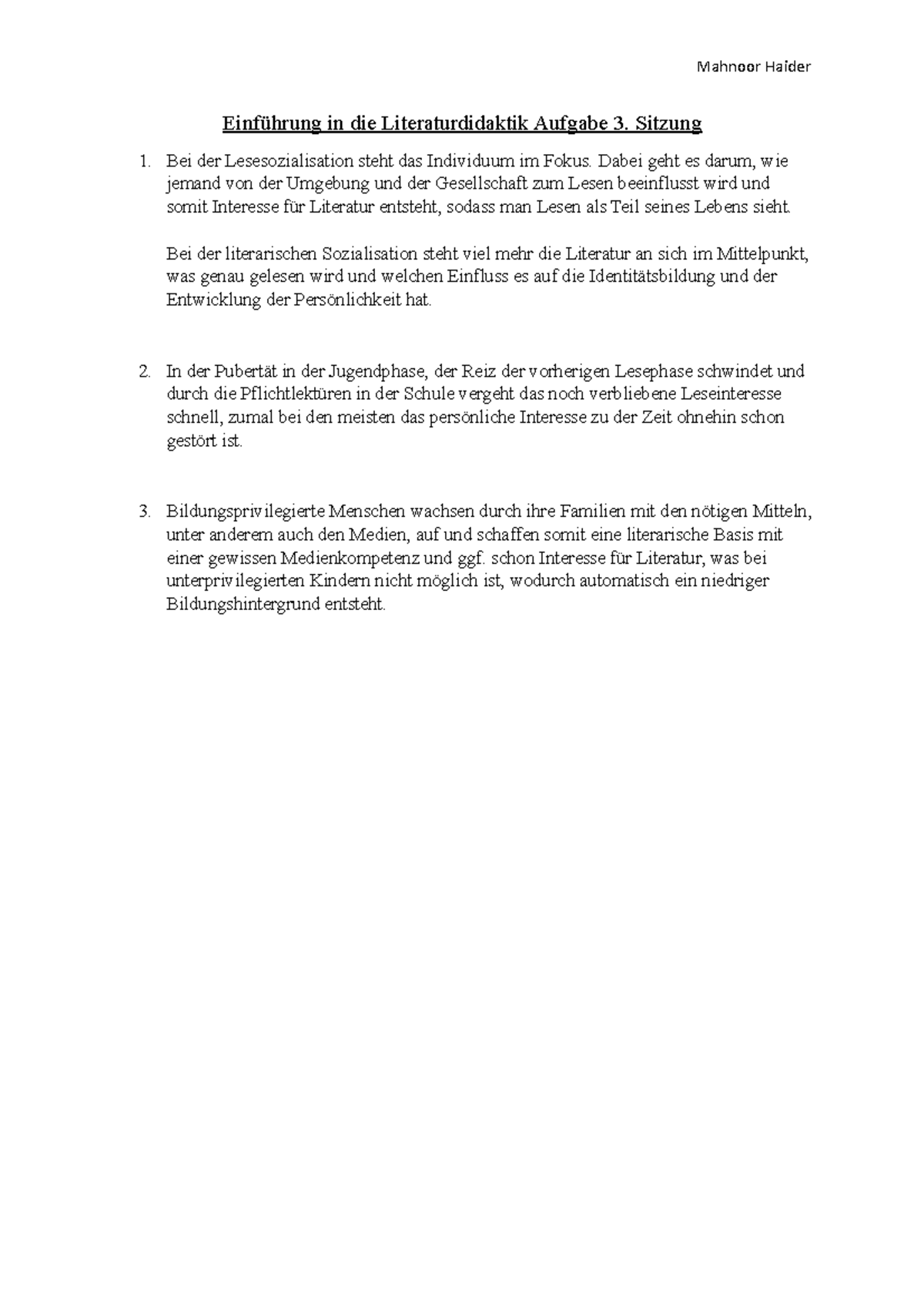 Literaturdidaktik 3 - 3. Sitzung Aufgabe - Mahnoor Haider Einführung in ...