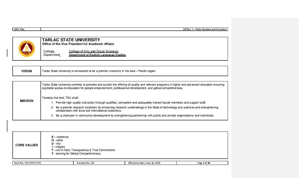 OBTL Public Speaking and Persuasion 2 - TARLAC STATE UNIVERSITY Office ...