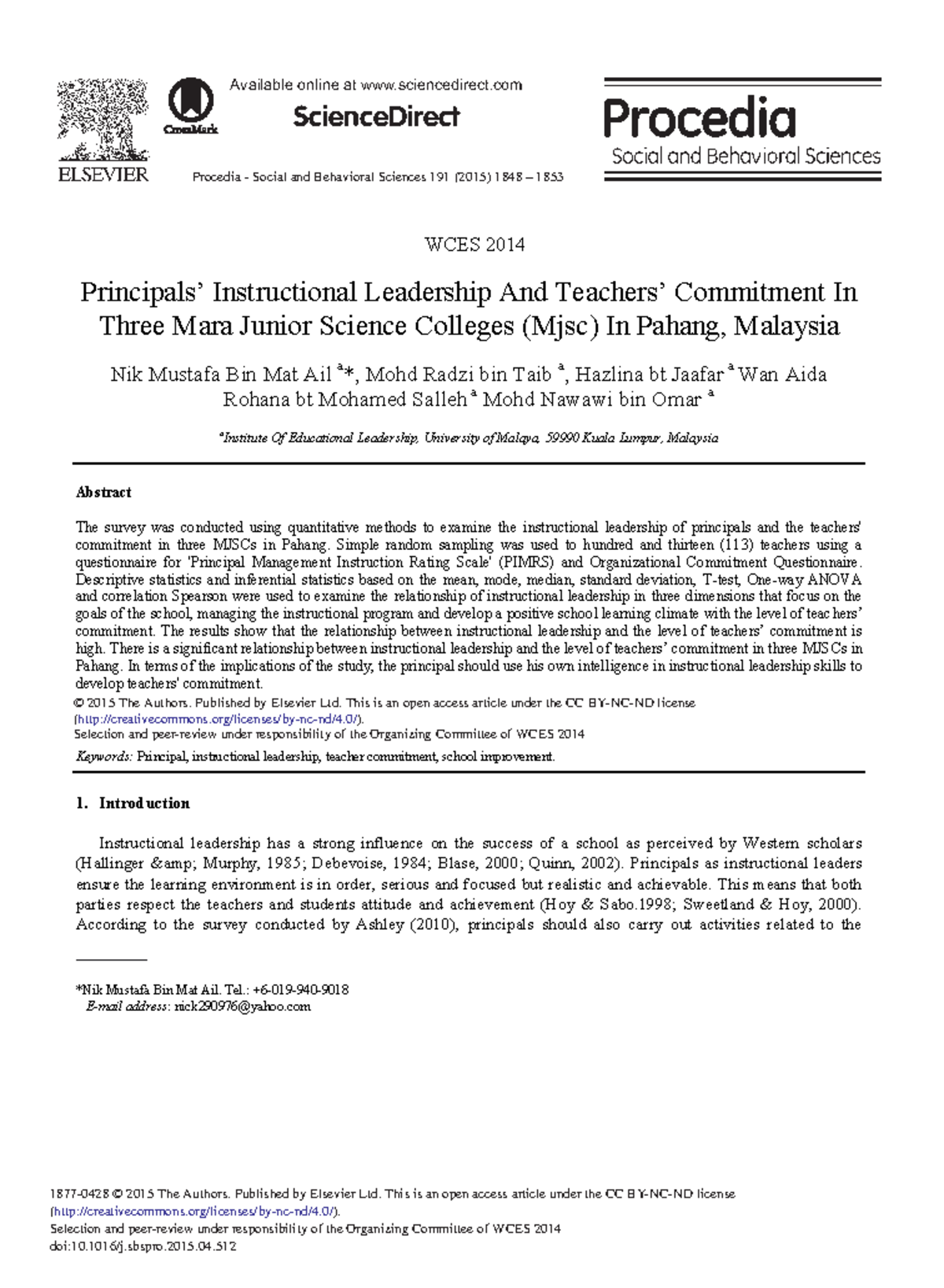 1-s2 - Principals’ Instructional Leadership And Teachers’ Commitment In Three Mara - Procedia ...