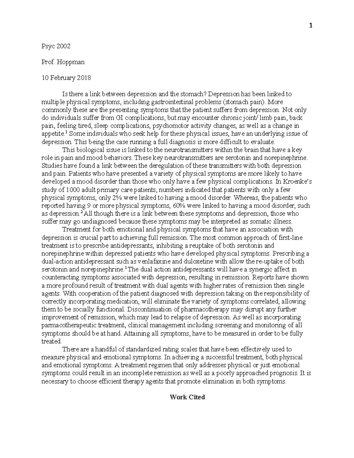 Abnormal Psych Depression Paper - 1 Psyc 2002 Prof. Hoppman 10 February ...