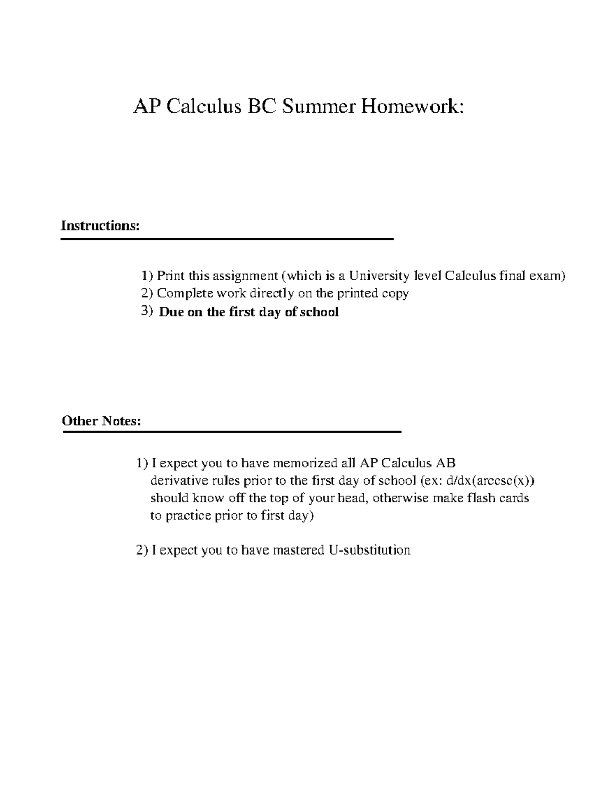BC Summer HW - Calculus 1 Review - Trig review AP Calculus BC Summer ...