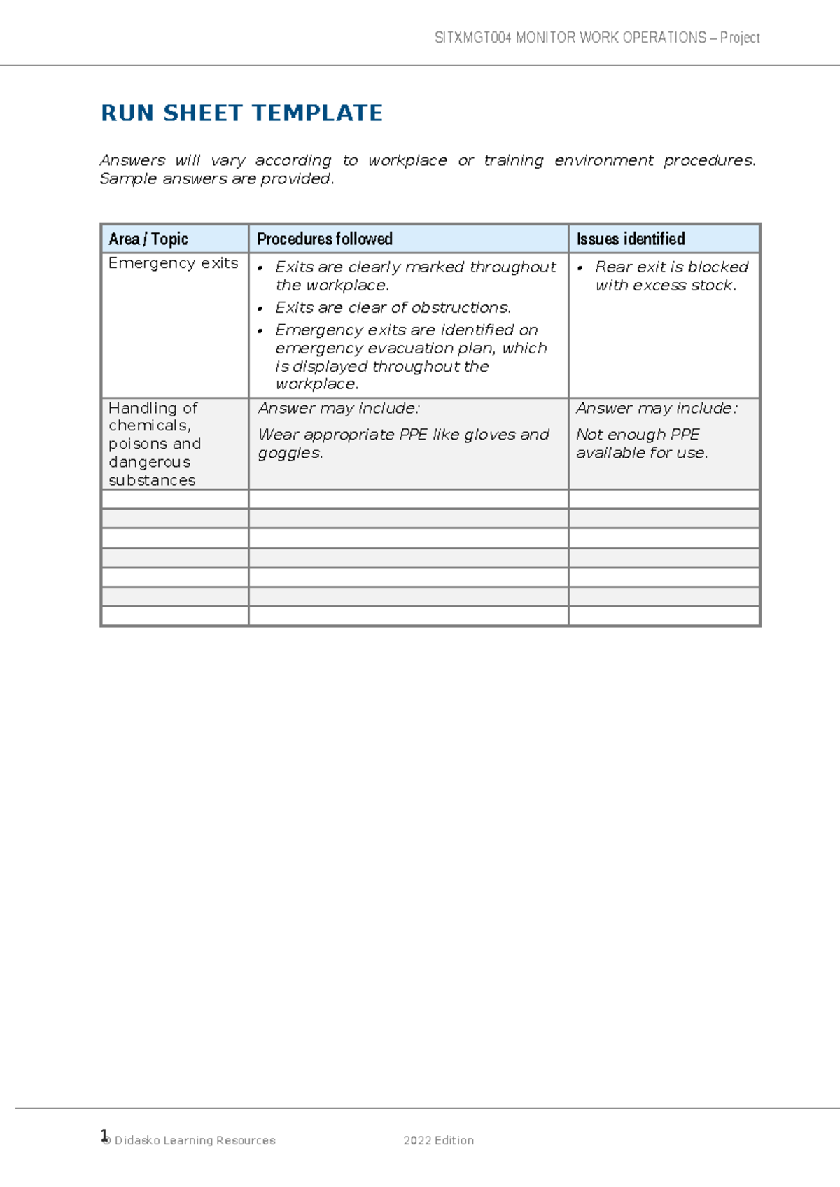 Sitxmgt 004 Assessment D Run sheet template V4-0 - SITXMGT004 MONITOR ...