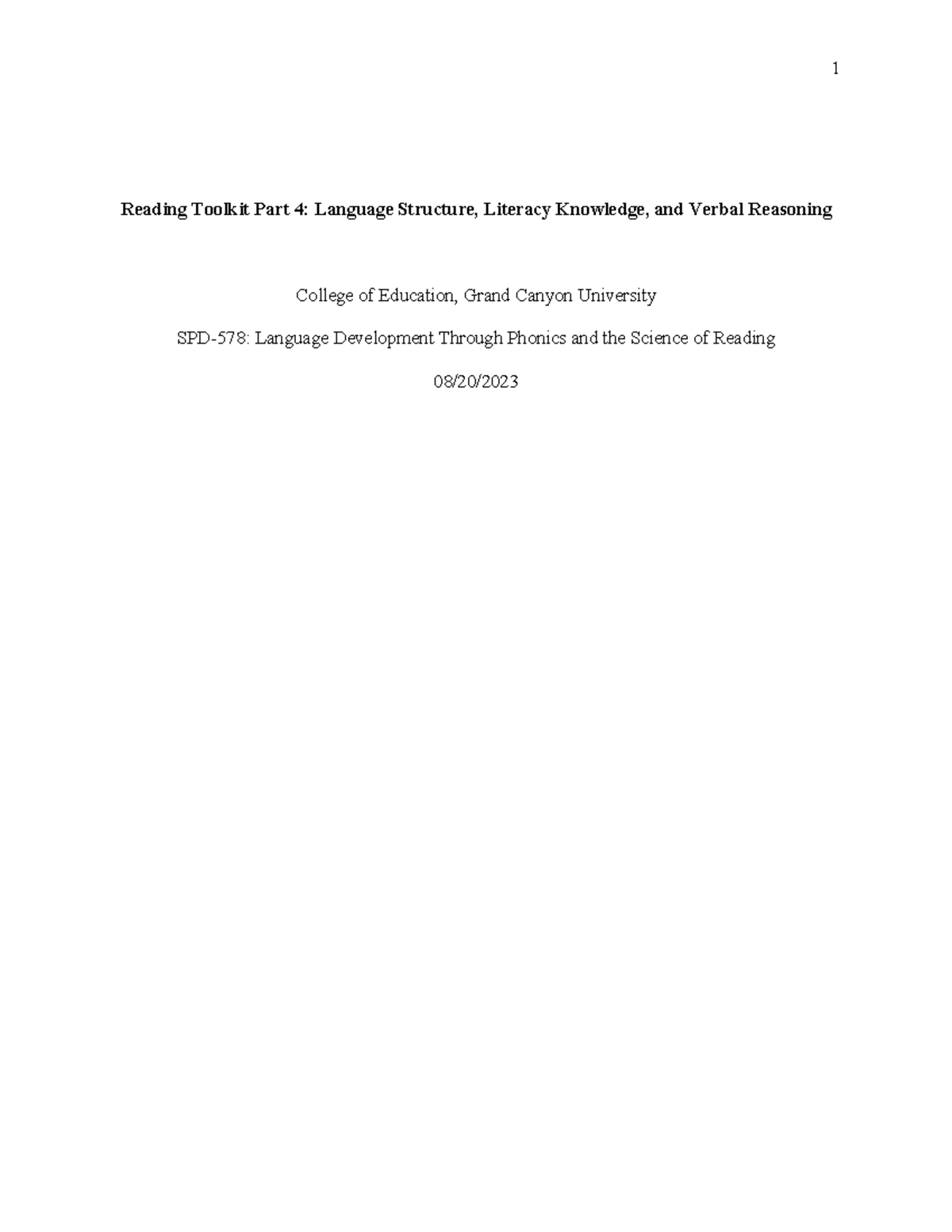 SPD-578 Reading Toolkit Part 4 Language Structure, Literacy Knowledge ...