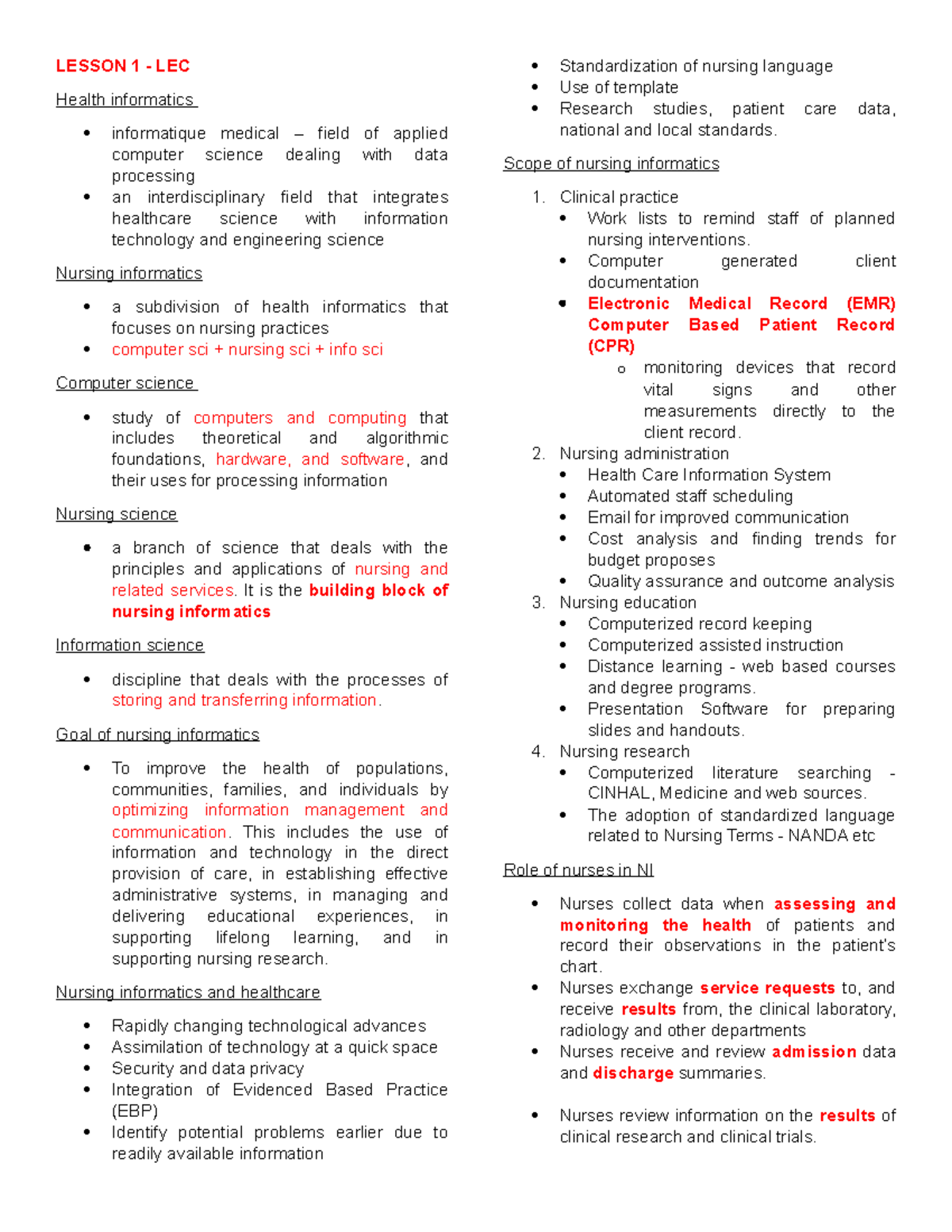 Nursing Informatics - notes lang ata to - LESSON 1 - LEC Health ...