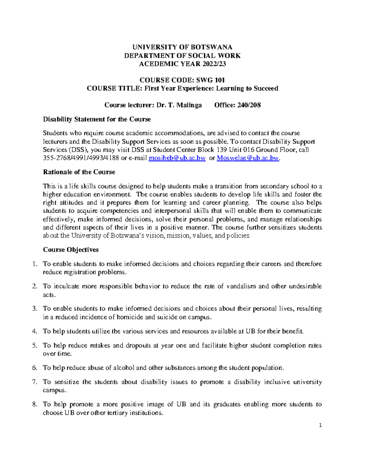 August 2022 SWG 101 Course Outline - UNIVERSITY OF BOTSWANA DEPARTMENT ...
