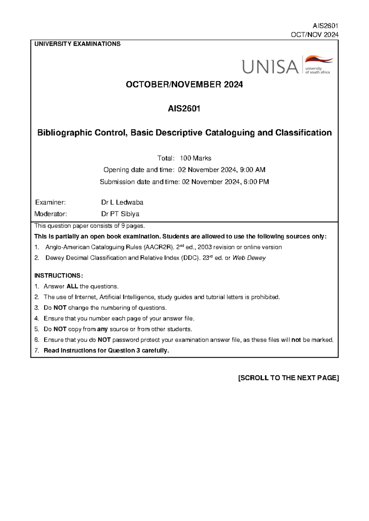 AIS2601 Exam OCT 2024 Final QA (1) - OCT/NOV 2024 UNIVERSITY ...