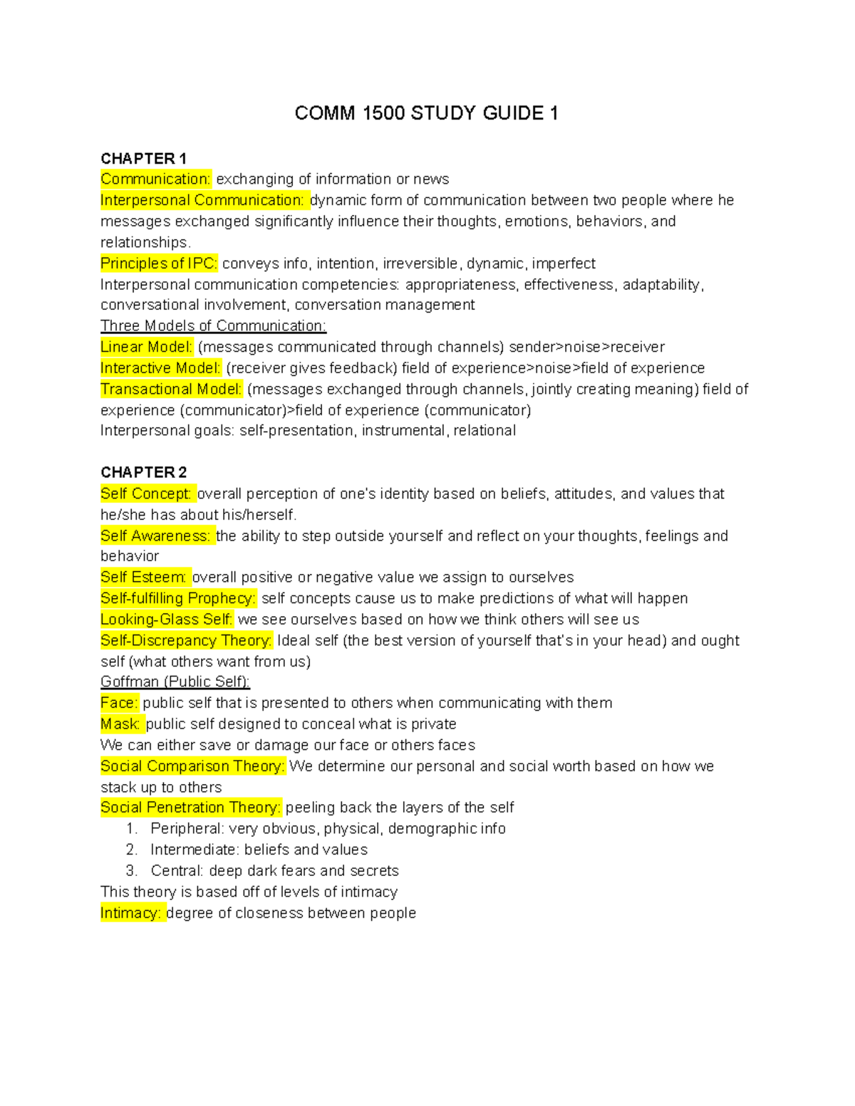 COMM 1500 Study Guide 1 - Heather Cohen - COMM 1500 STUDY GUIDE 1 ...