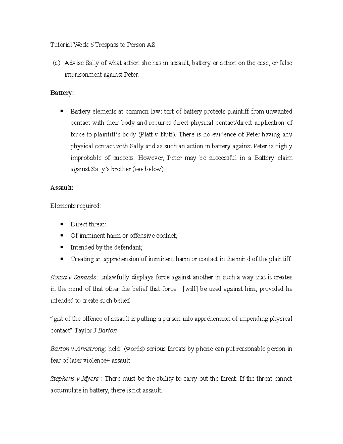 Tutorial WEEK 6 Trespass to person AS - Tutorial Week 6 Trespass to ...