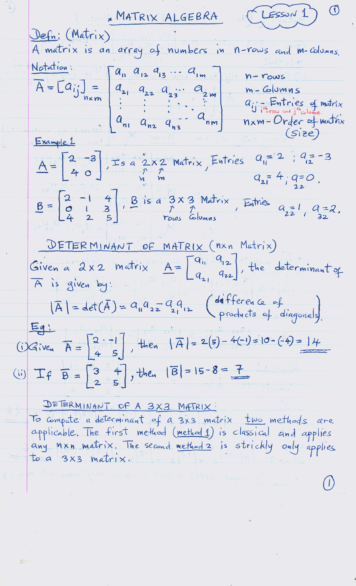 MAT291Lesson 1 - GOOD - MATRIX ALGEBRA LESSON 1 1 Defn: (Matrix) A ...