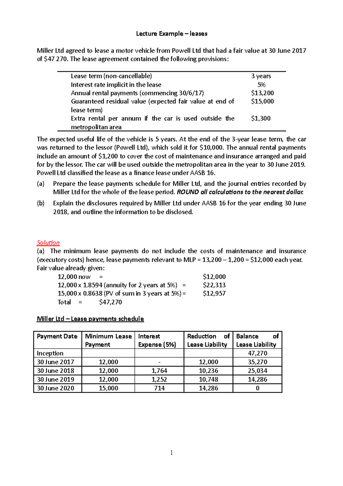 Lecture example with solution leases - Lecture Example – leases Miller Ltd agreed to lease a ...