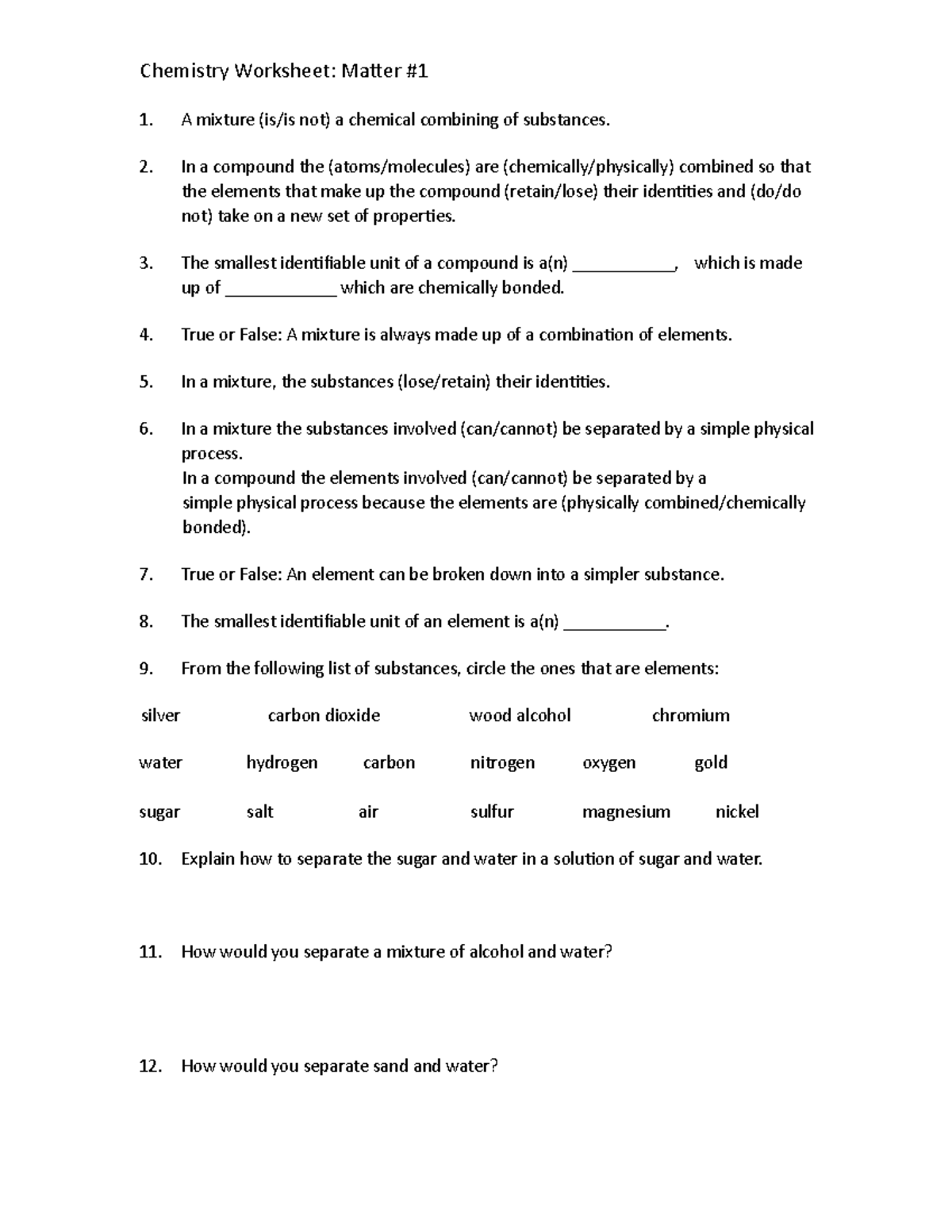 Matter 1Wkst Cards 2021 - Chemistry Worksheet: Matter 1. A mixture (is ...