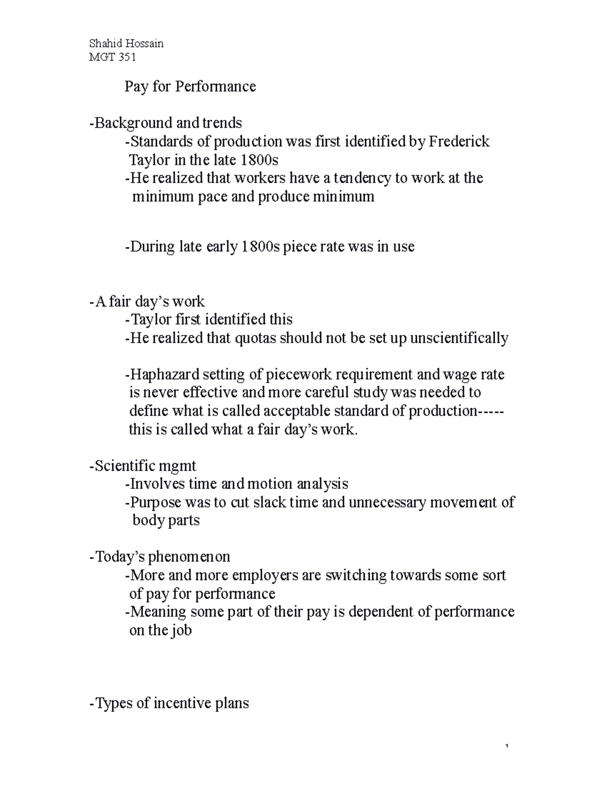 Summary Pay for Performance - MGT 351 Pay for Performance -Background ...
