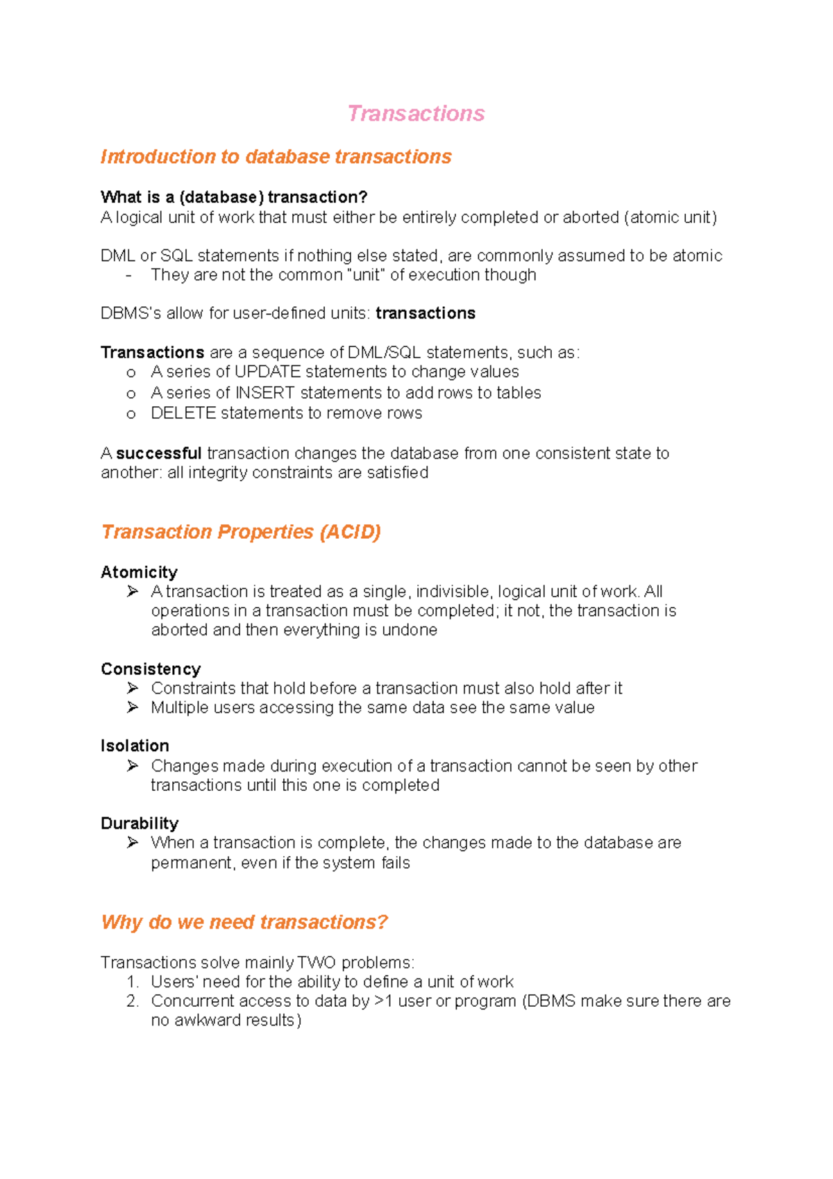 Transactions Summarised Notes From Labstutorialslectures