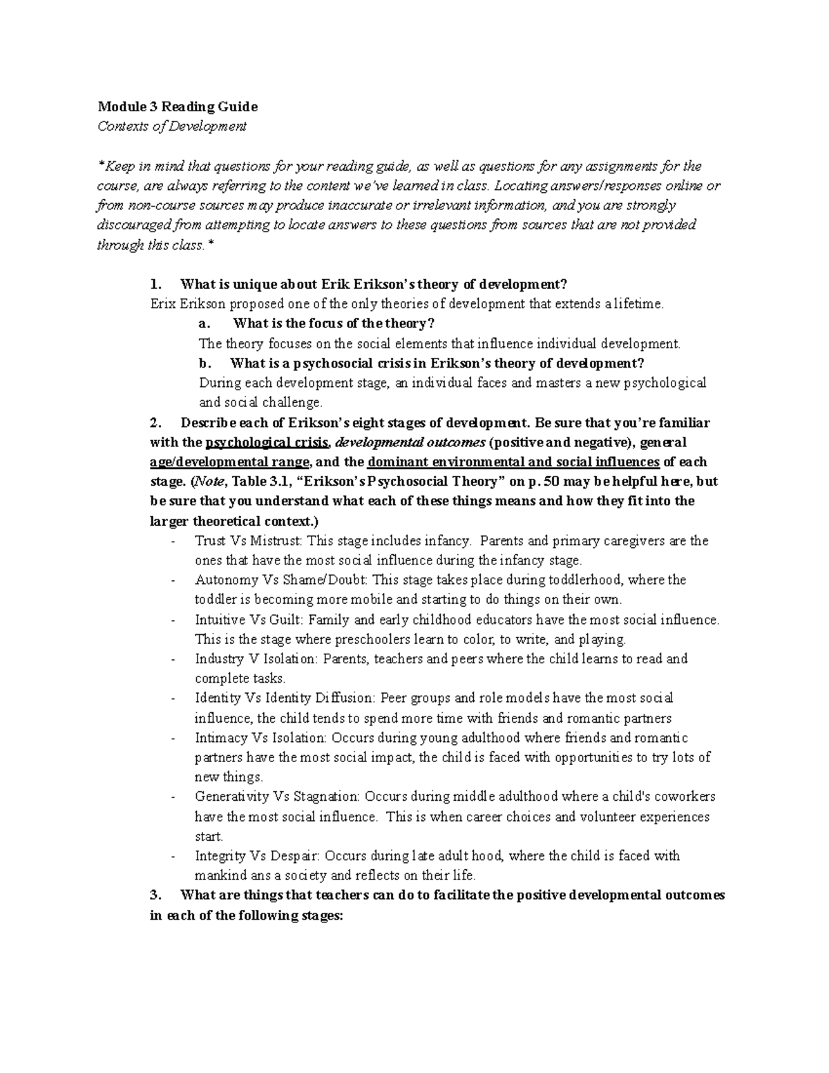 Module 3 Reading Guide - Module 3 Reading Guide Contexts of Development Keep in mind that ...