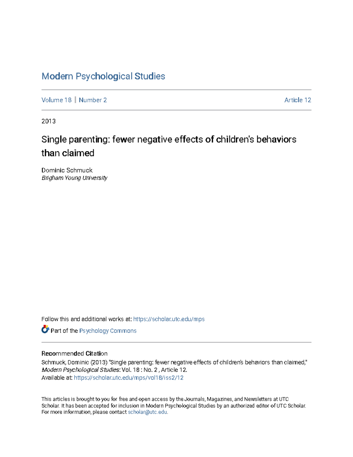 Single parenting fewer negative effects of childrens behaviors - utc ...