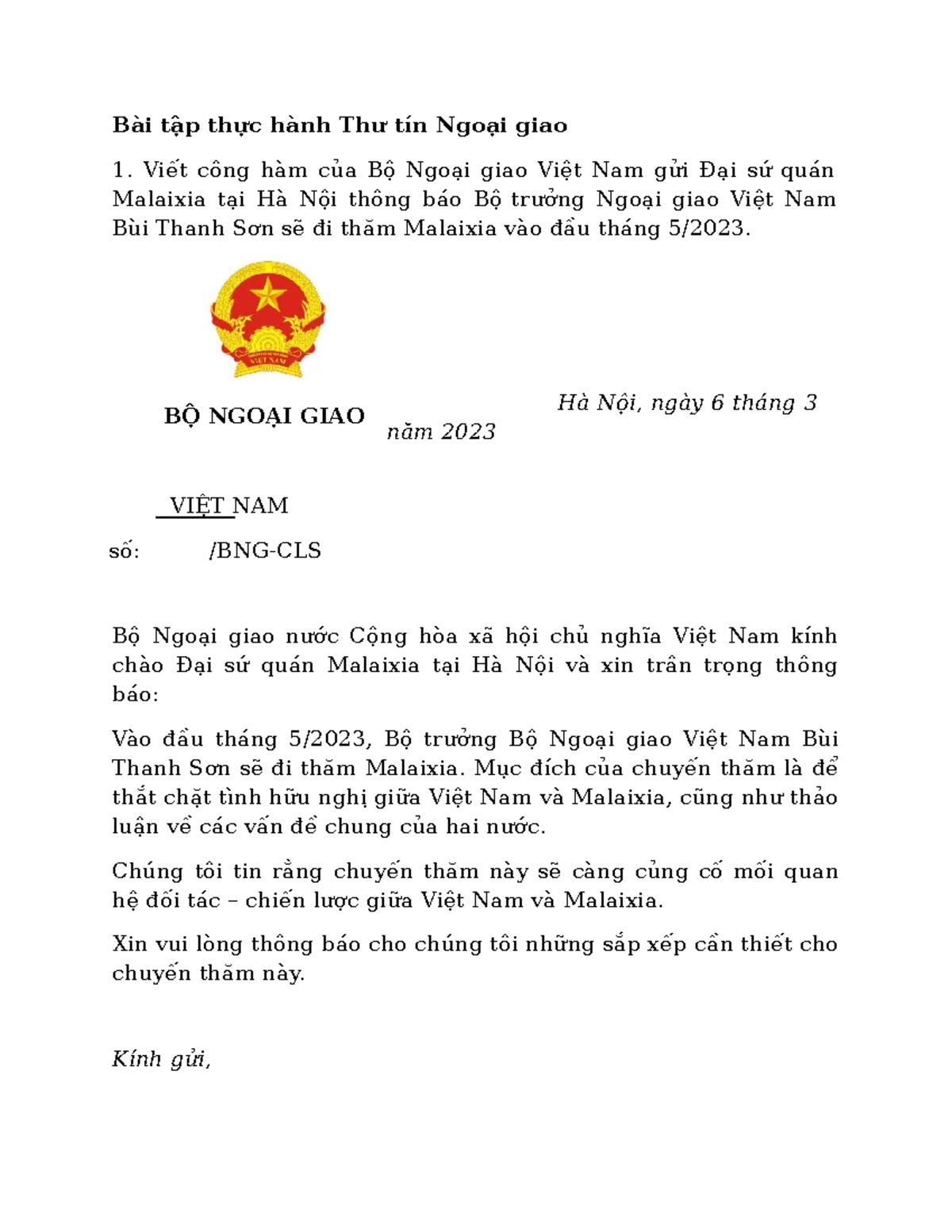 Bài tập thực hành Thư tín Ngoại giao - Bài tập thực hành Thư tín Ngoại ...