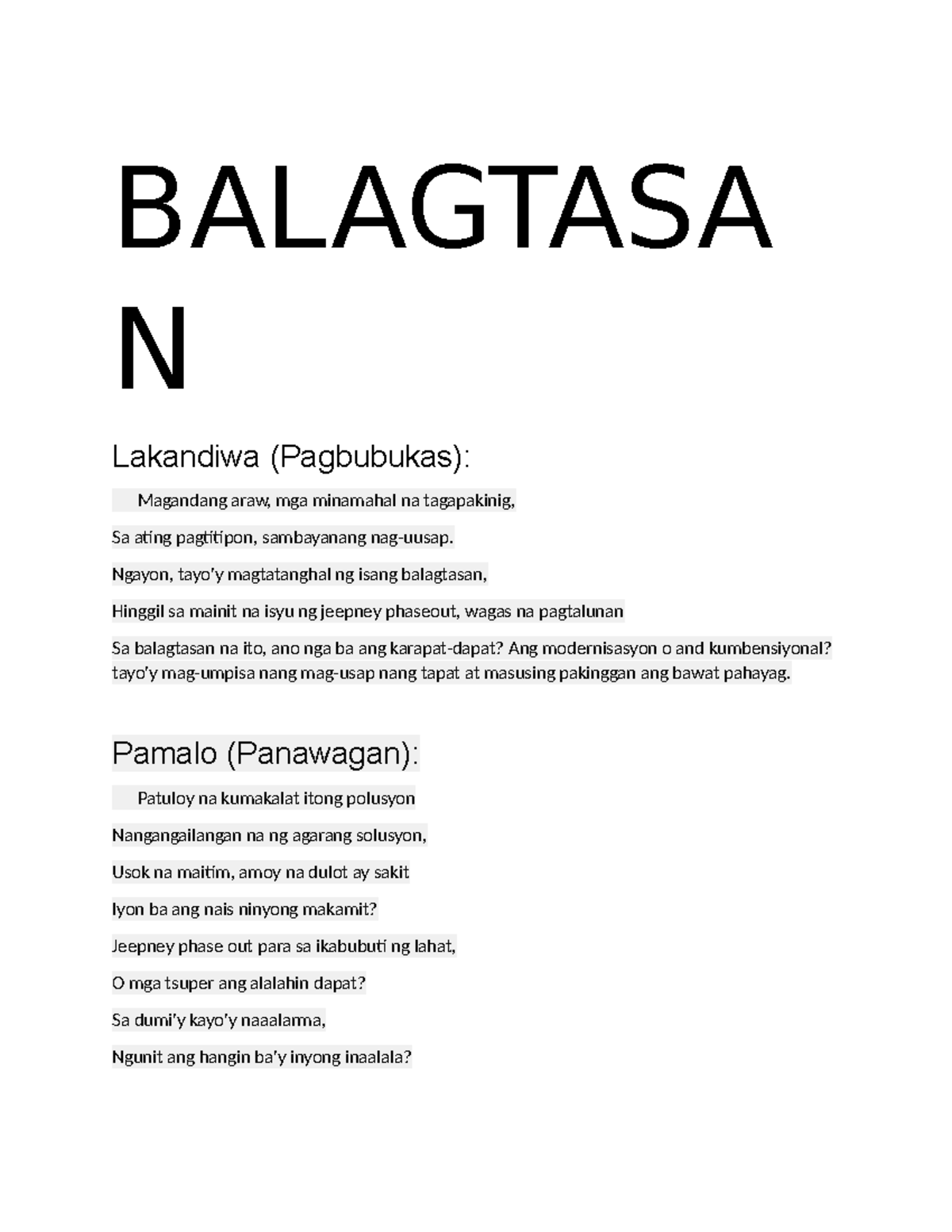 Balagtasan - BALAGTASA N Lakandiwa (Pagbubukas): Magandang araw, mga ...