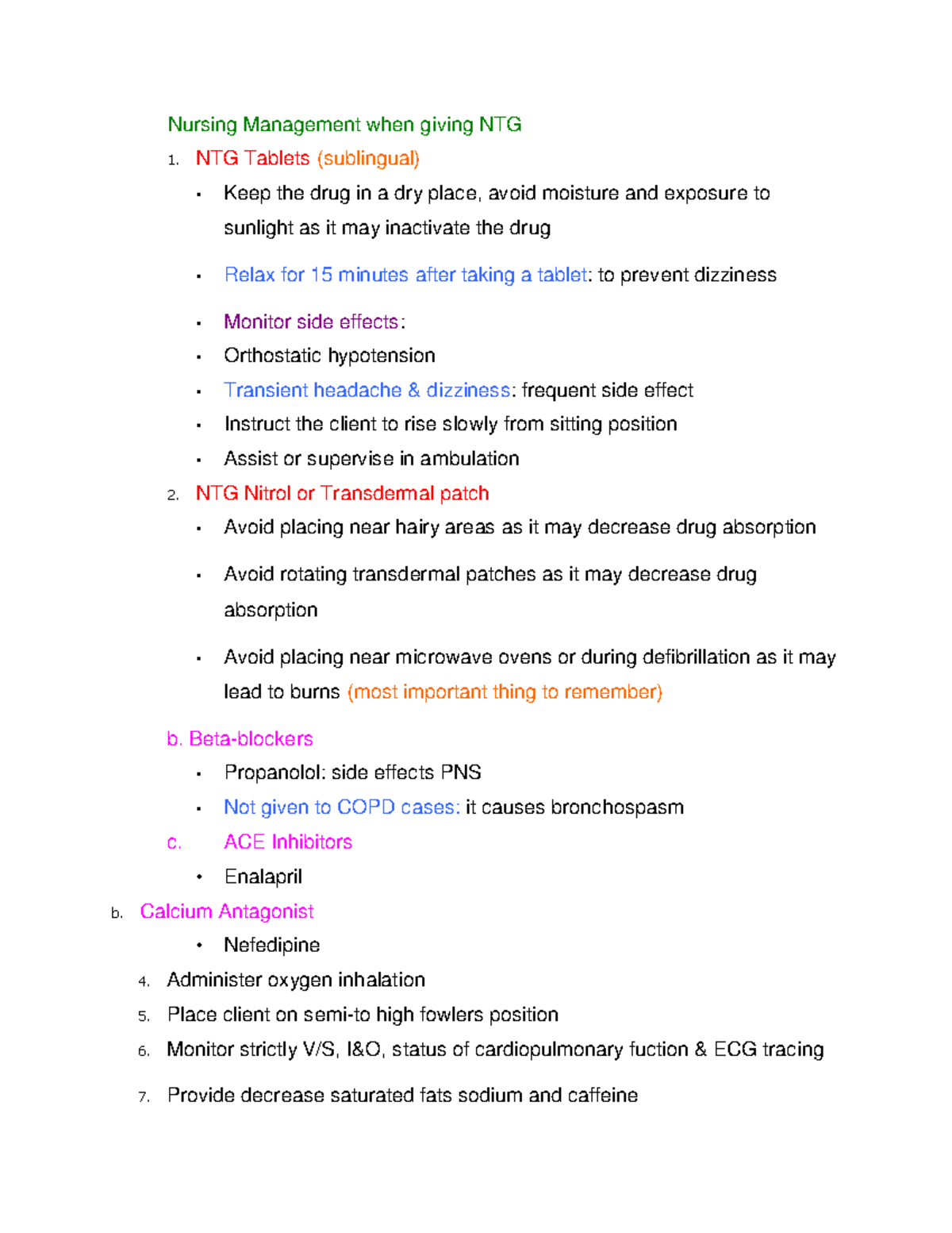 Nursing Management when giving NTG - NTG Tablets (sublingual) • Keep ...