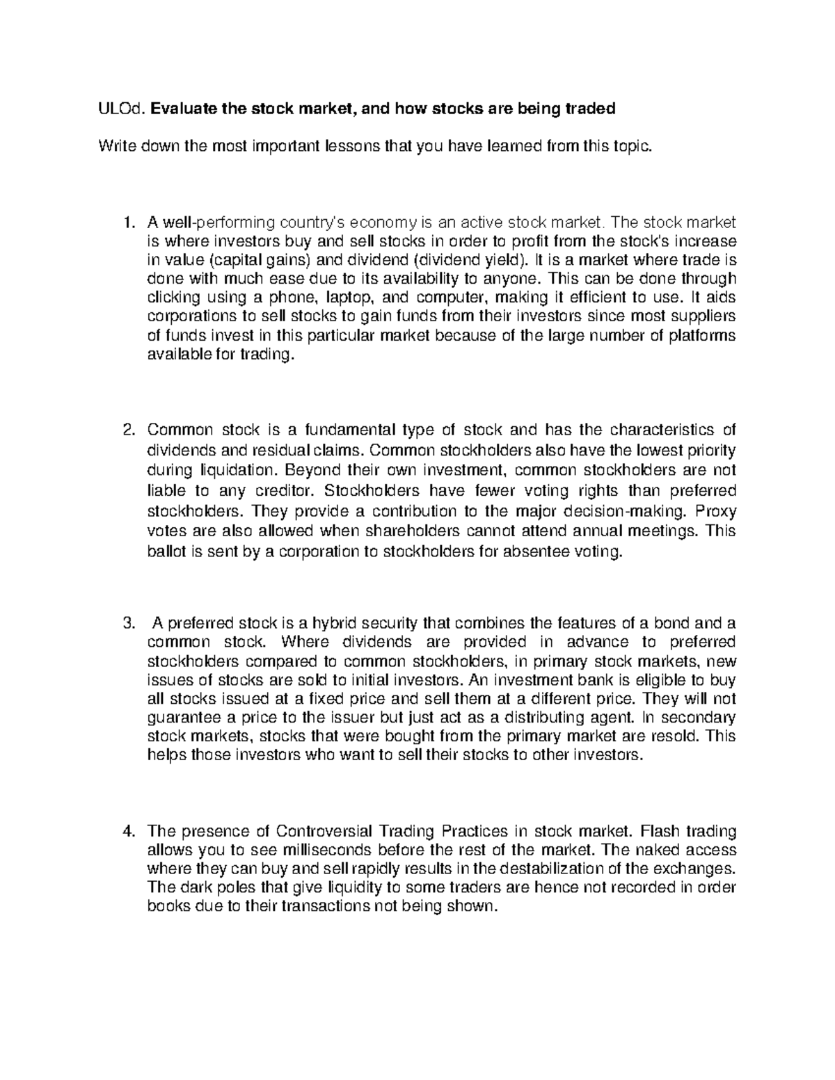 212 Learned in Stock Market - ULOd. Evaluate the stock market, and how ...