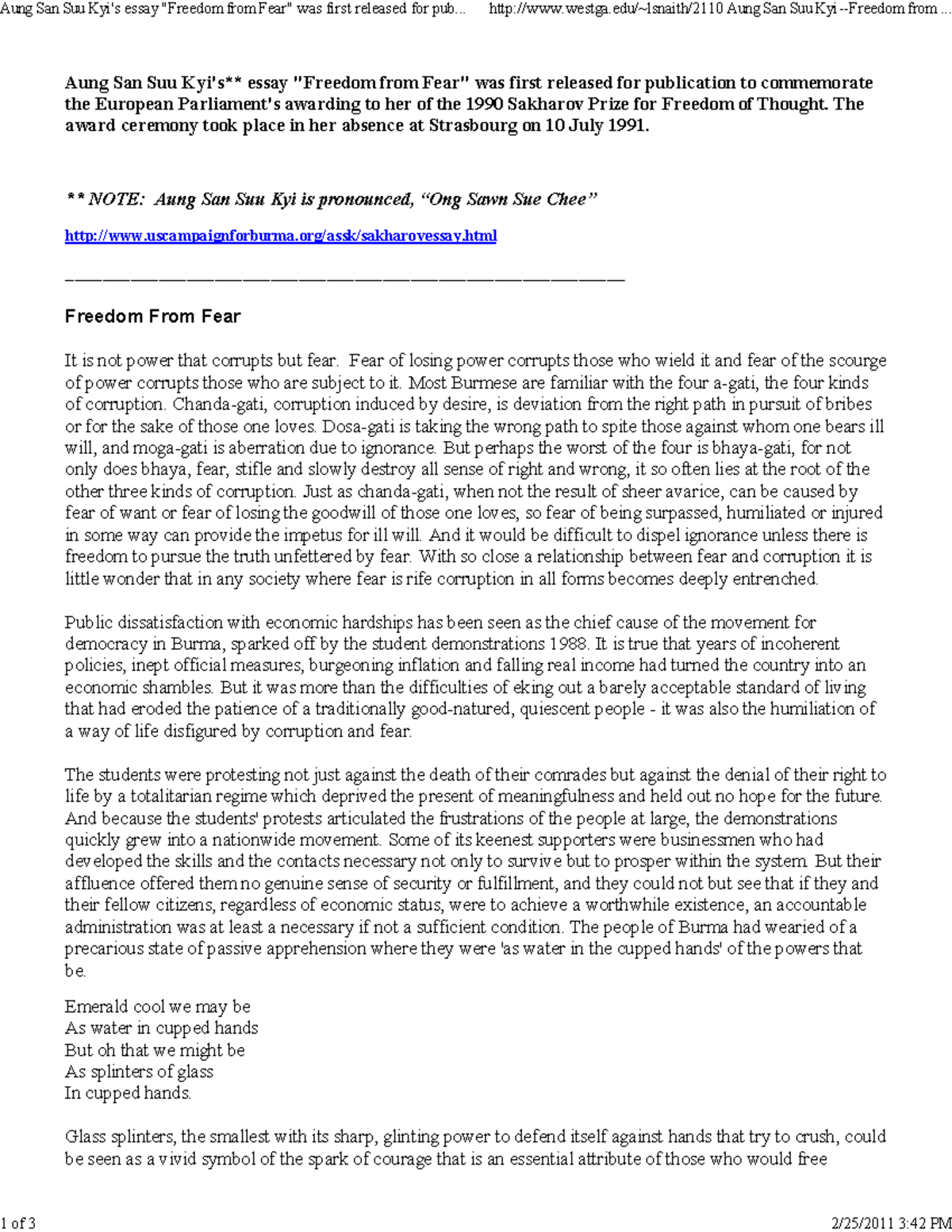 kyui freedom and her life - Aung San Suu Kyi's** essay "Freedom from ...