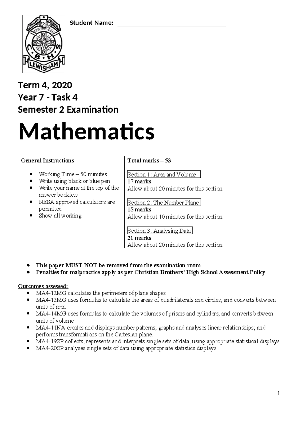 2020 Year 7 Task 4 - math paper - Student Name ...