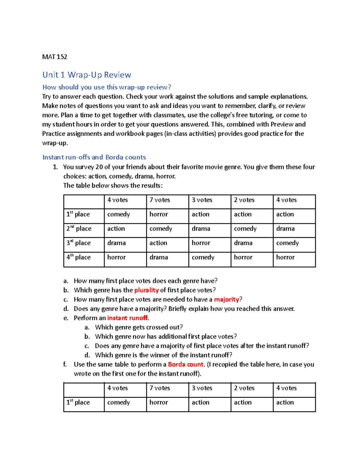 Copy of Unit1Review - MAT 152 Unit 1 Wrap-Up Review How should you use ...