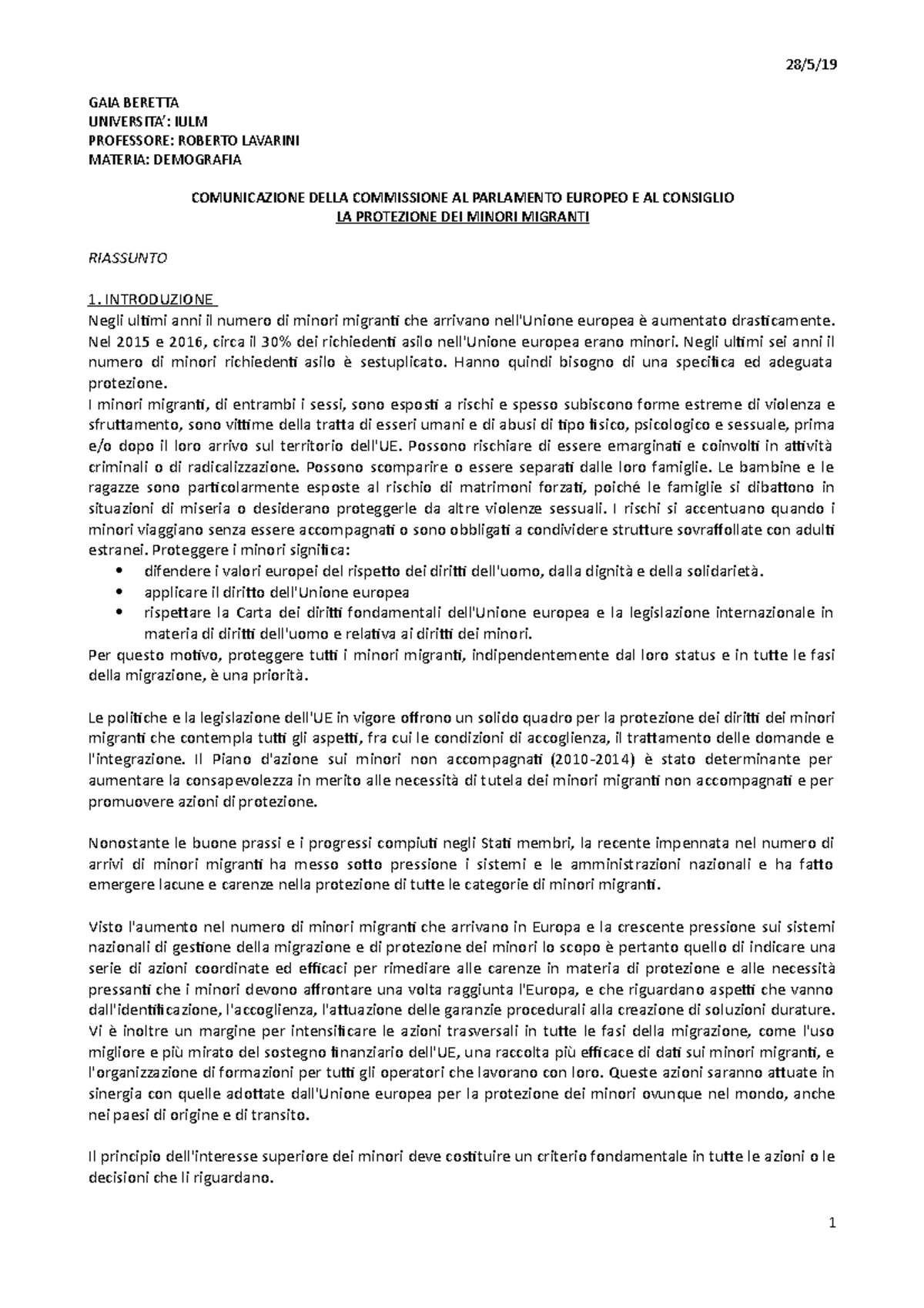 Riassunto COM UE-2017 Minori Migranti - GAIA BERETTA UNIVERSITA’: IULM ...
