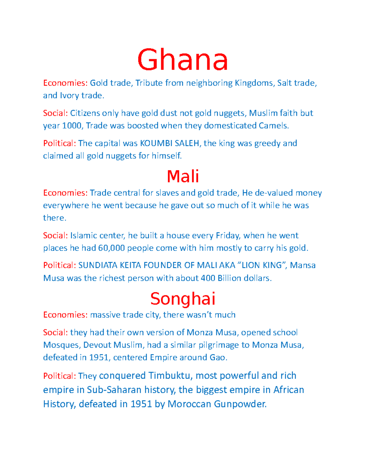 World History Ghana, Mali, Songhai - Ghana Economies: Gold trade ...