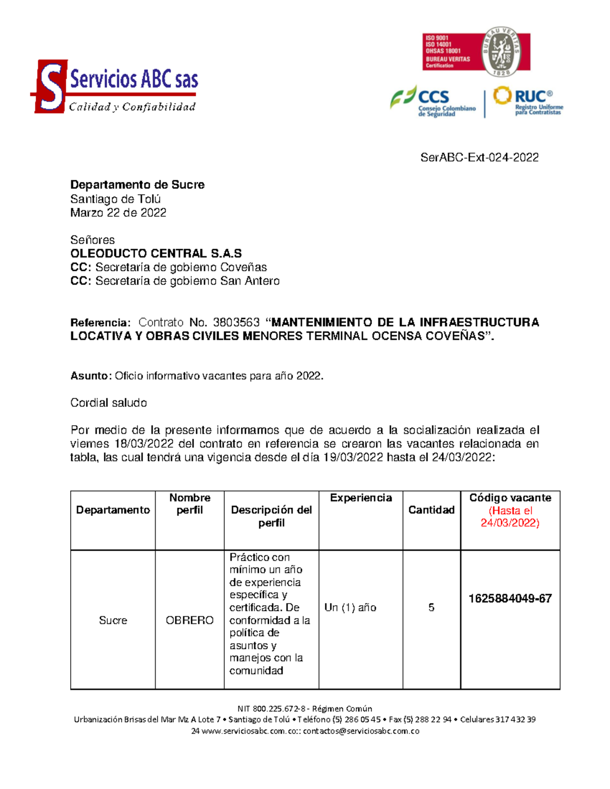Ser ABC-Ext-024-2022 Oficio informativo Locativo - Administracion - Studocu