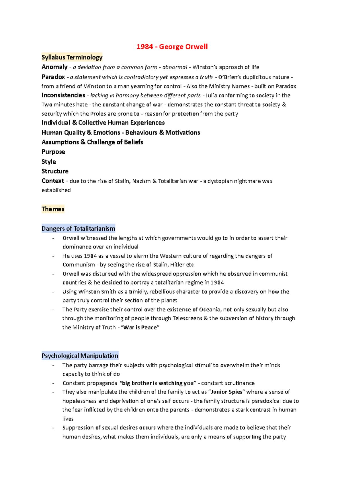 Detailed Note on 1984 - Common Module Texts and Human Experiences ...