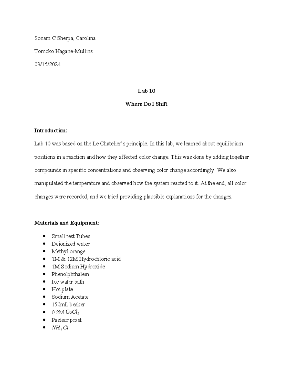 Lab10 - Summary General Chemistry Laboratory - Sonam C Sherpa, Carolina ...