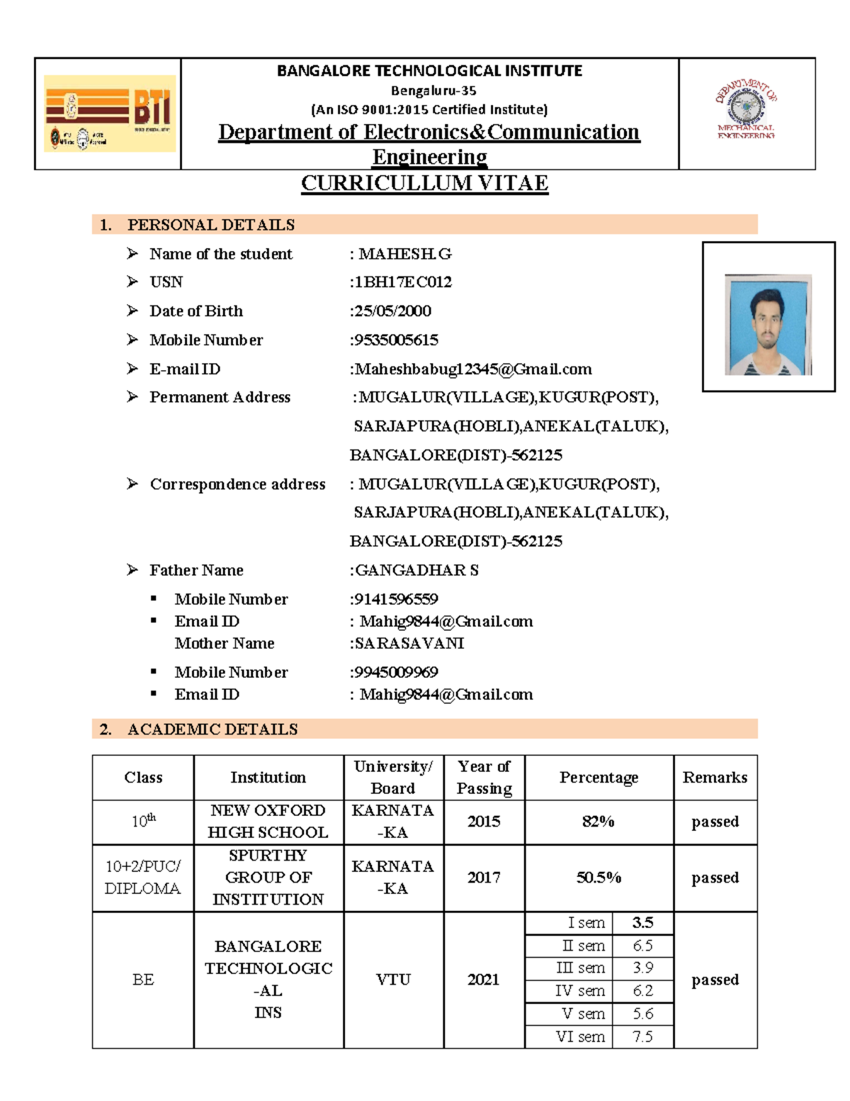 Mahesh Resume - good - CURRICULLUM VITAE 1. PERSONAL DETAILS Name of ...
