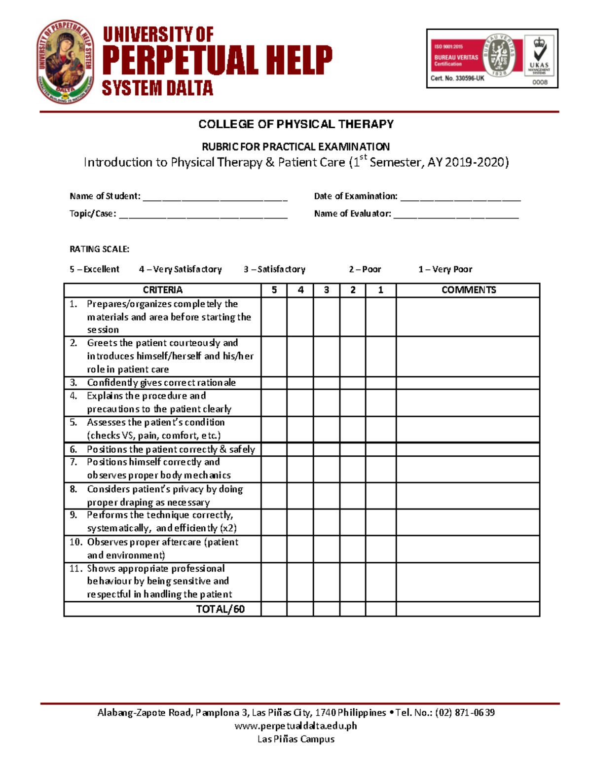 PT1 Practical Exam Rubric AY1920 - Alabang-Zapote Road, Pamplona 3, Las ...