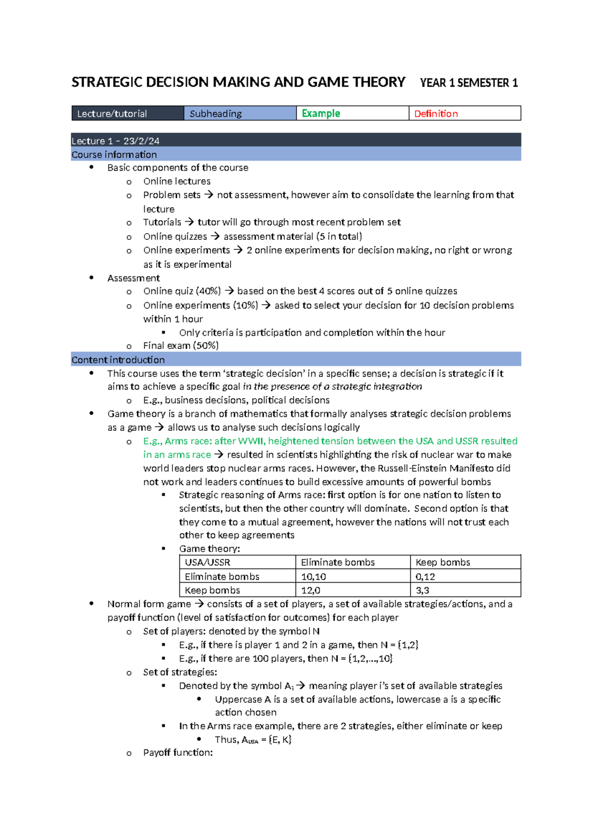 Strategic Decision Making AND GAME Theory YEAR 1 Semester 1 - STRATEGIC ...