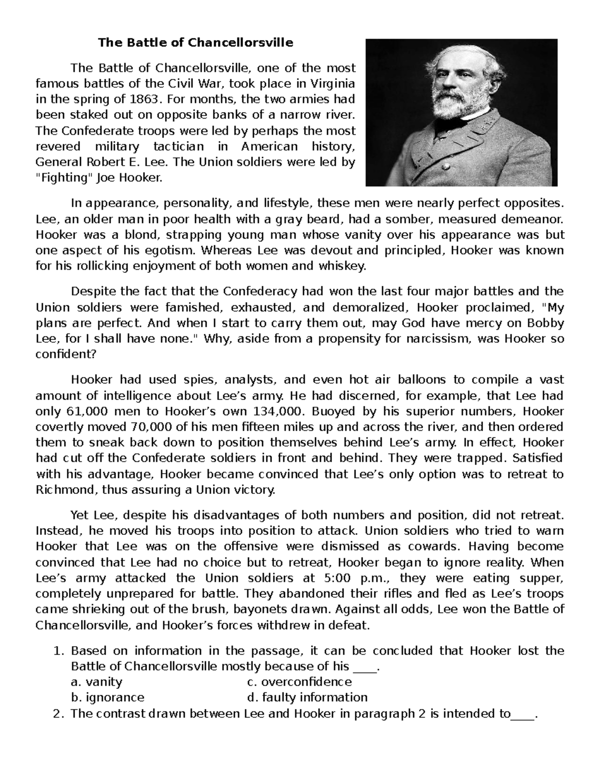 Reading Compre - sajbcjbjsbacod - The Battle of Chancellorsville The ...