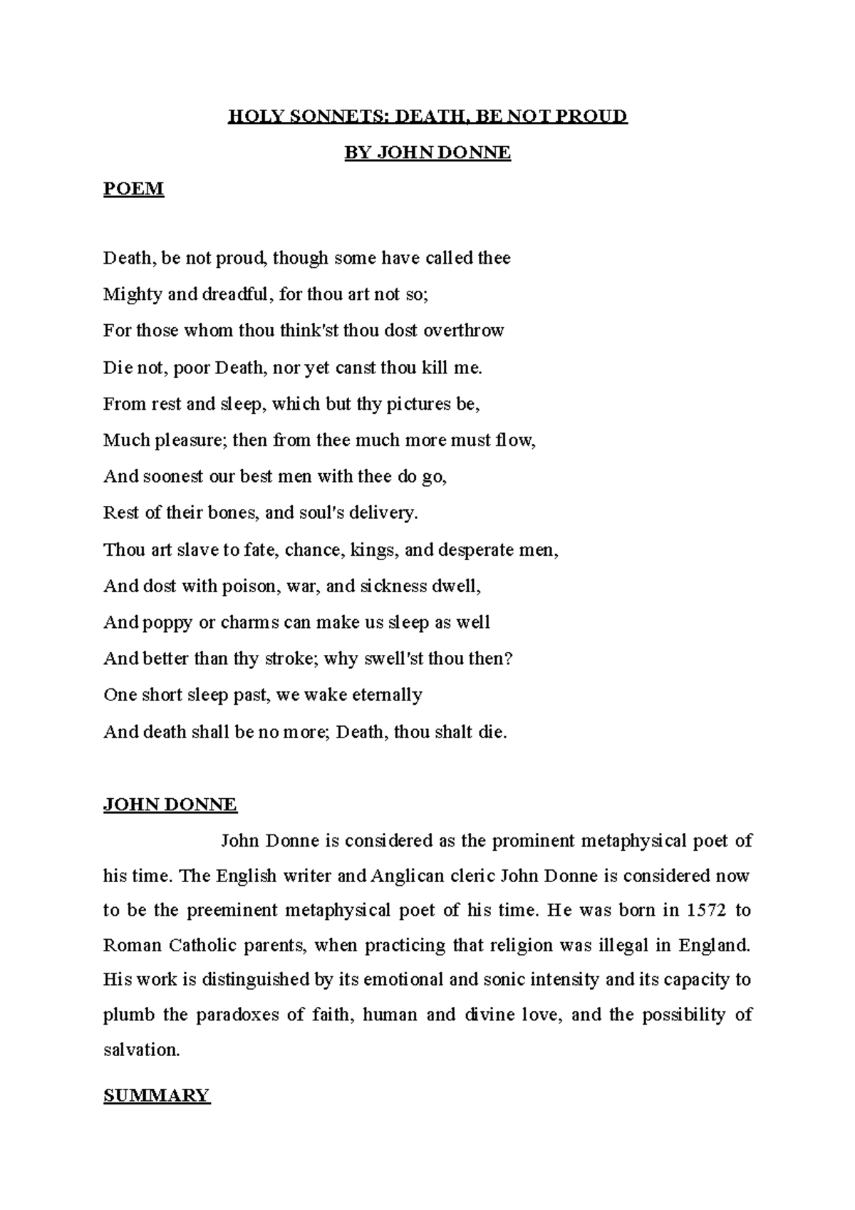 HOLY Sonnets - The file contains the poem and summary - HOLY SONNETS ...