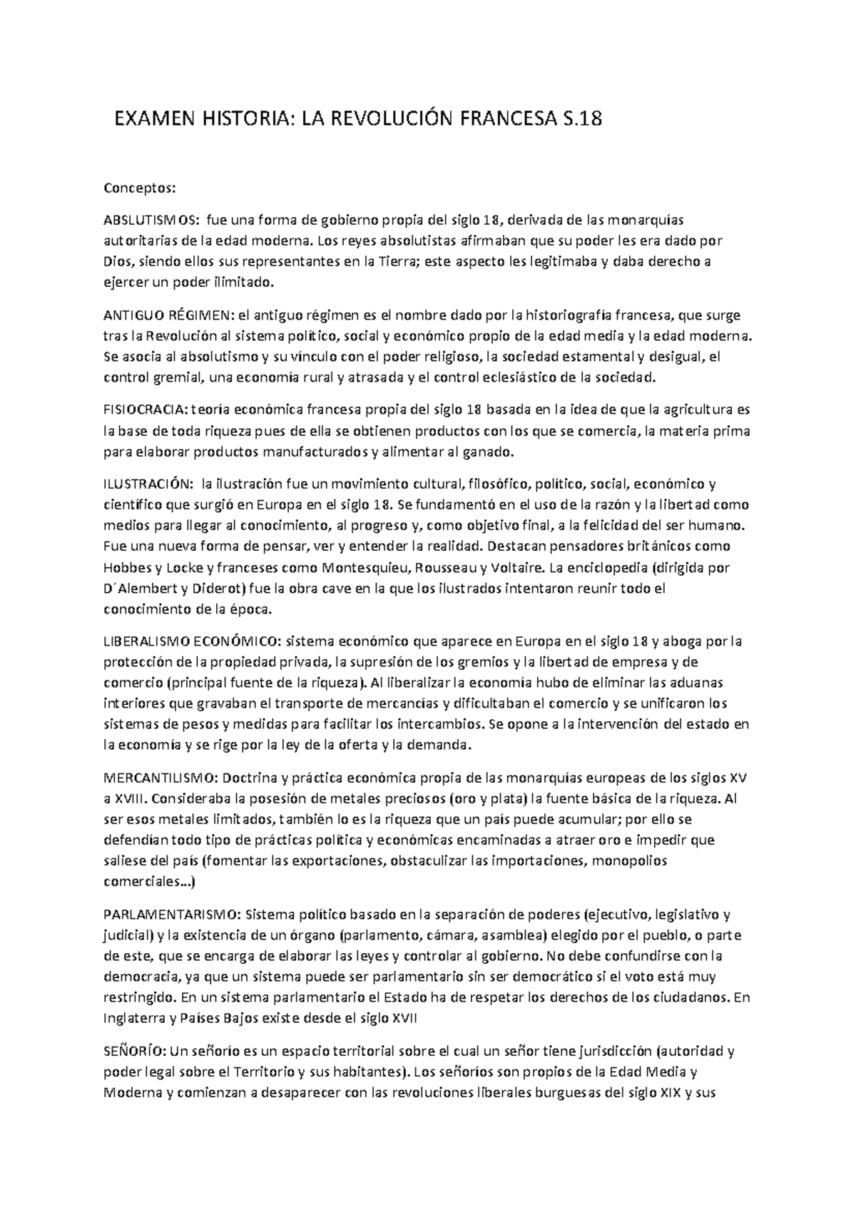 Rev francesa - EXAMEN HISTORIA: LA REVOLUCIÓN FRANCESA S. Conceptos ...