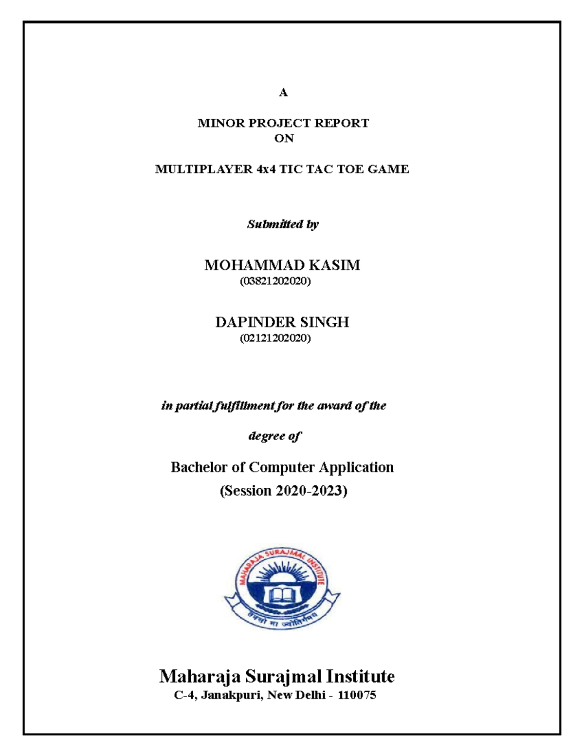 MPR - tic tac toe BCA 5th sem - A MINOR PROJECT REPORT ON MULTIPLAYER ...