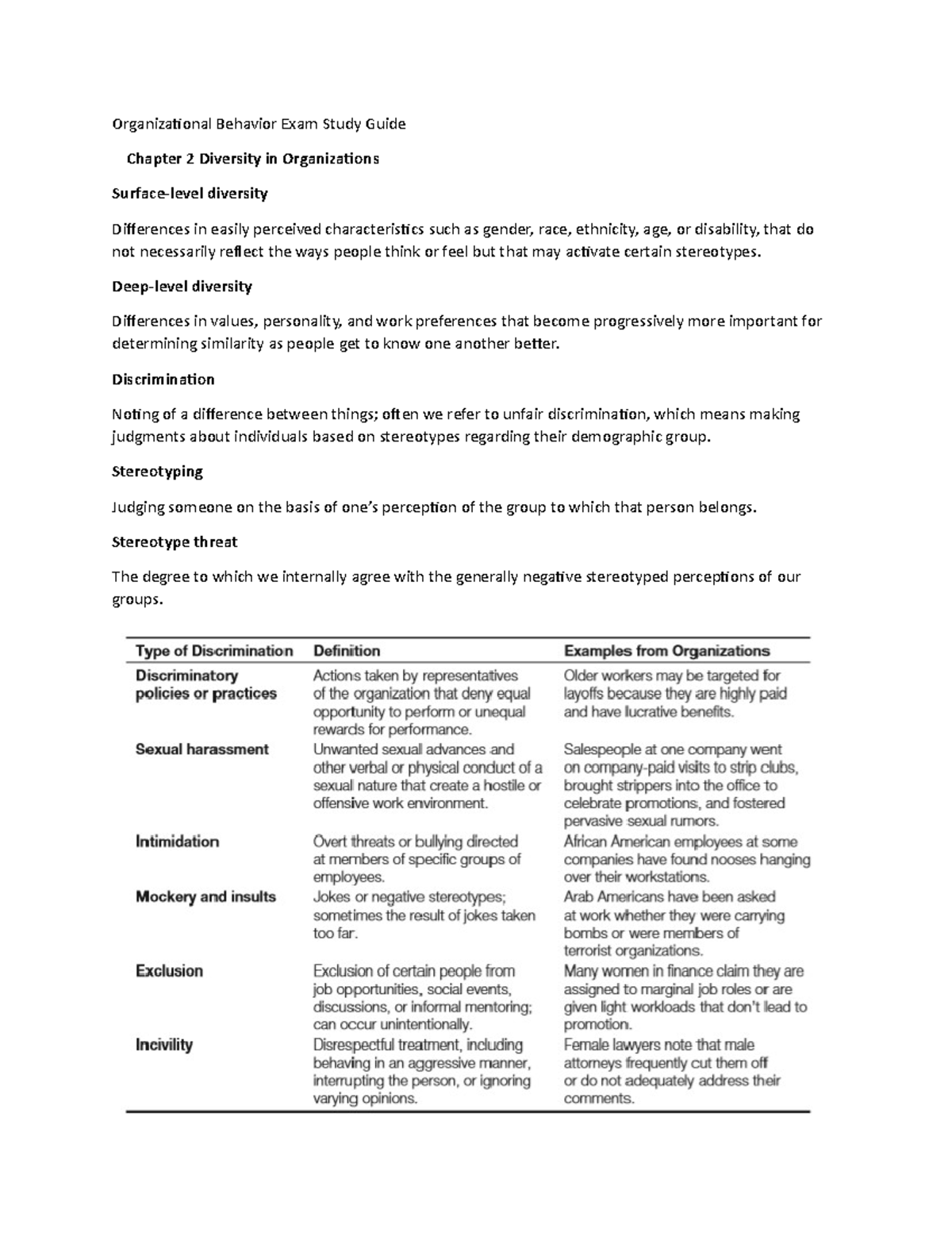 Organizational Behavior Exam Study Guide - Deep-level diversity ...