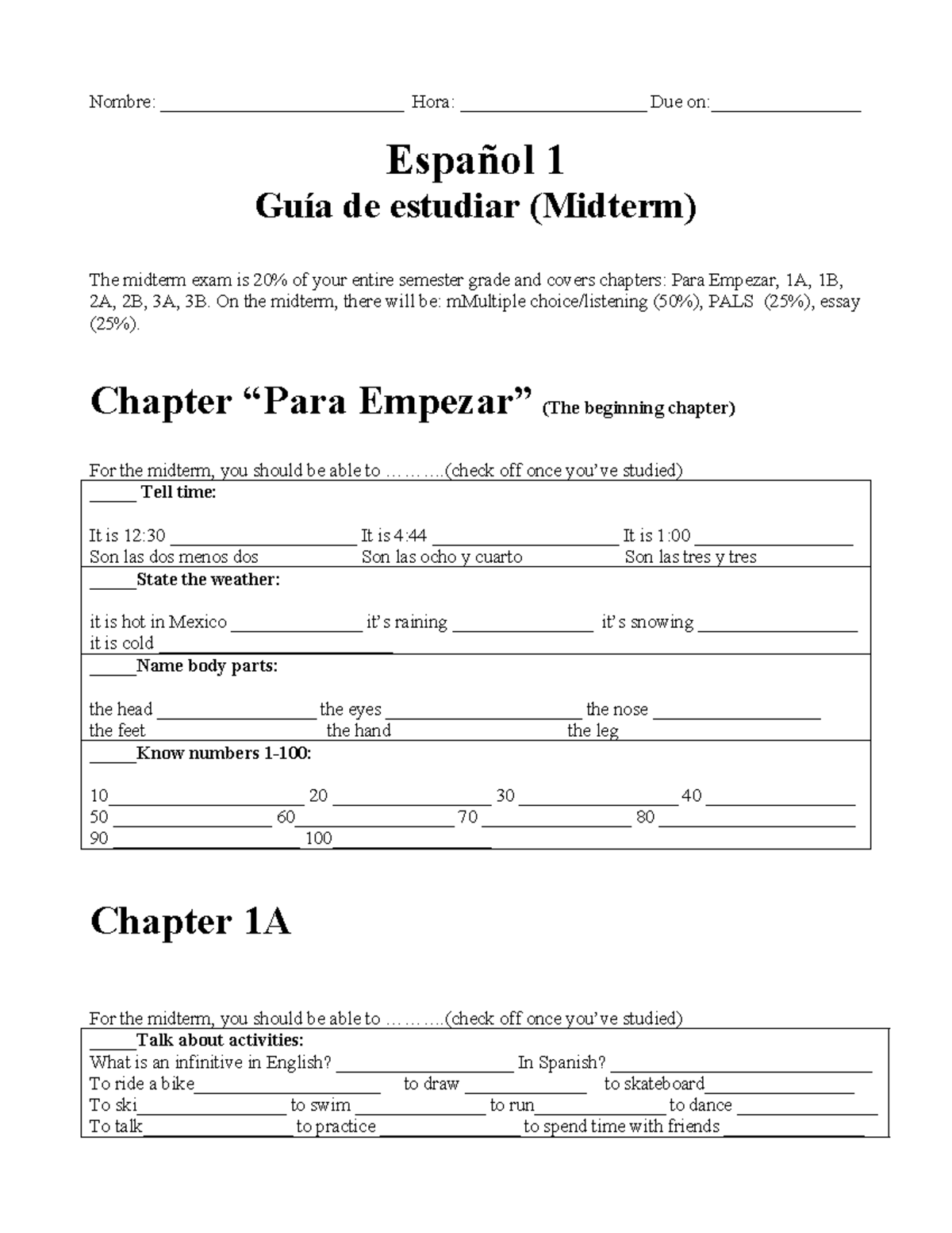 Spanish i midterm study guide 2012 - Nombre ...