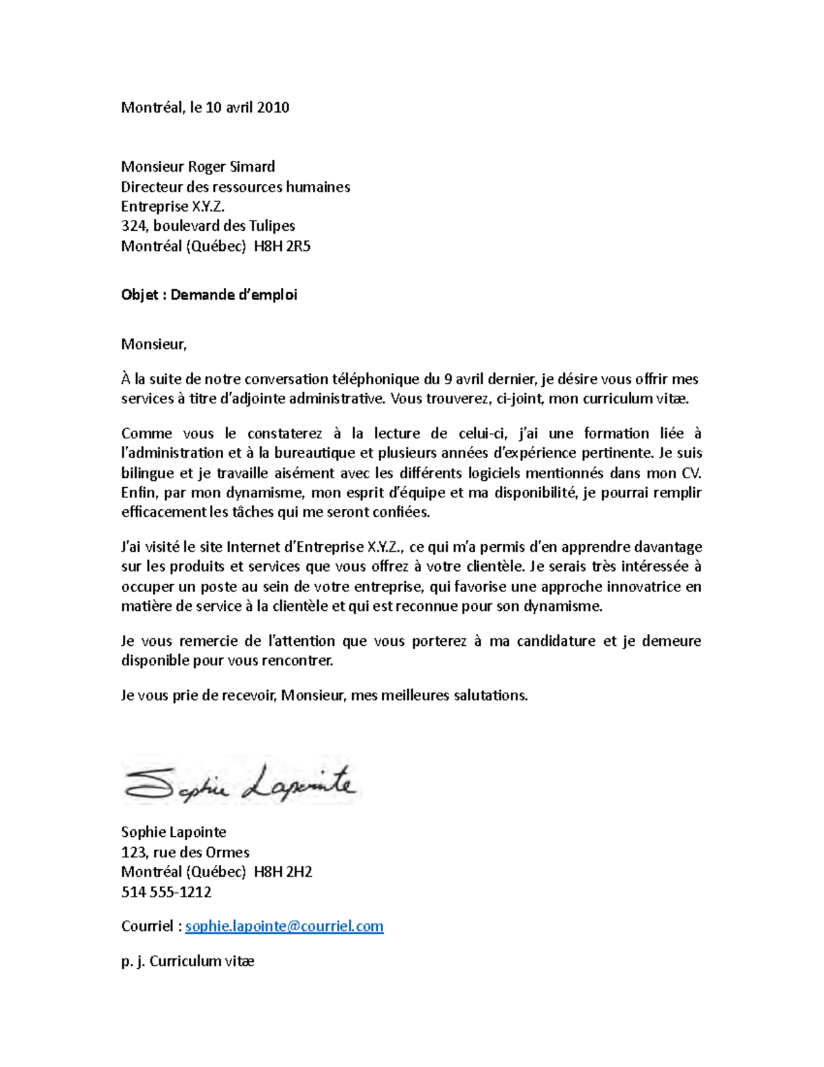 Modele-lettre-presentation Emploi Quebec - Montréal, le 10 avril 2010 ...