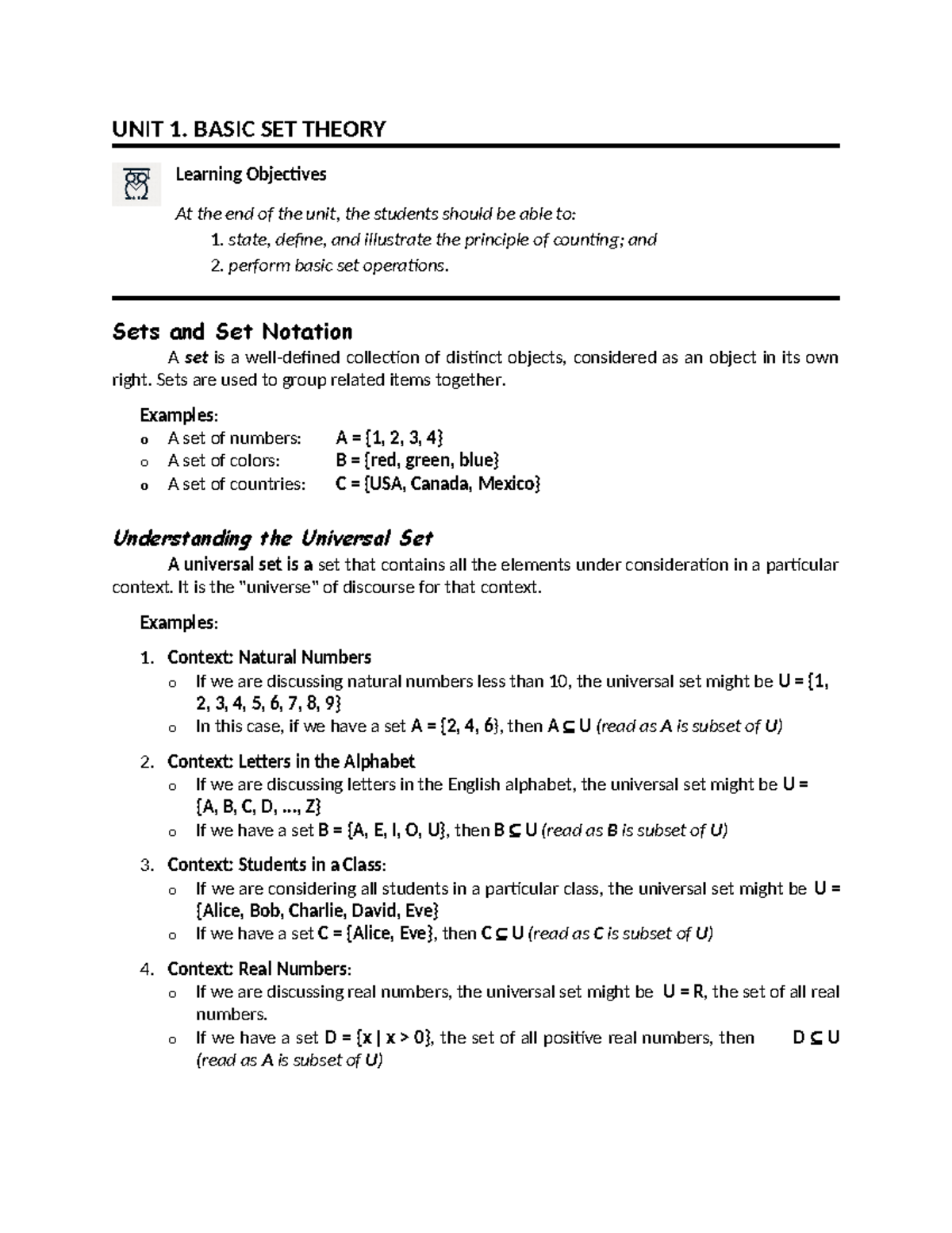 UNIT 1 - 17262 - UNIT 1. BASIC SET THEORY Learning Objectives At the end of the unit, the ...