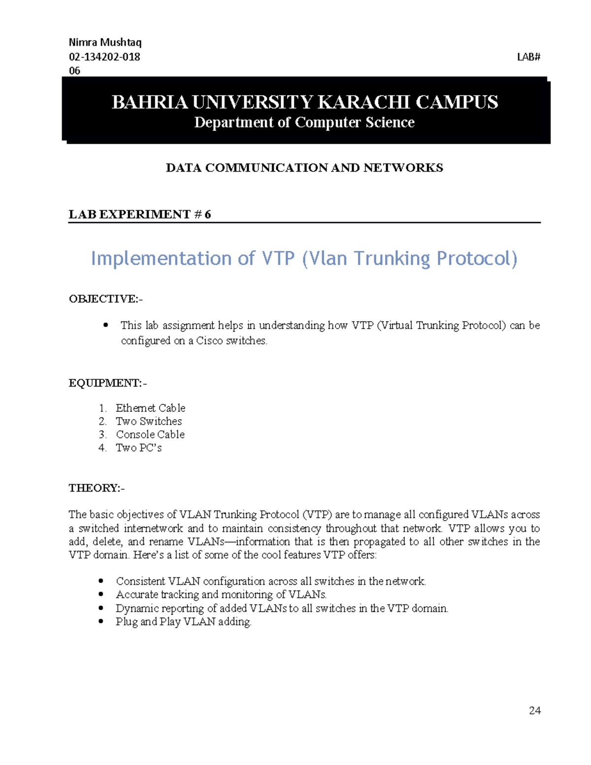 Lab 06 Dcn Lab 06 Dcn Labs 02 134202 018 Lab 06 Bahria University