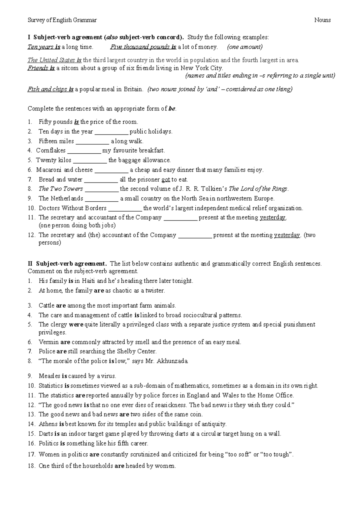 Practicals (week 3) Concord, Genitive 2324 - I Subject-verb agreement ...